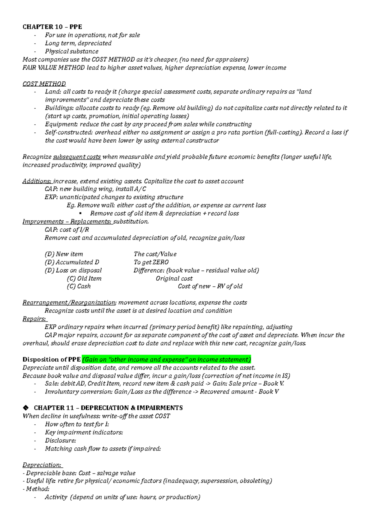 Accounting Notes - VERY GOOD MATERIAL ! - CHAPTER 10 – PPE For use in ...