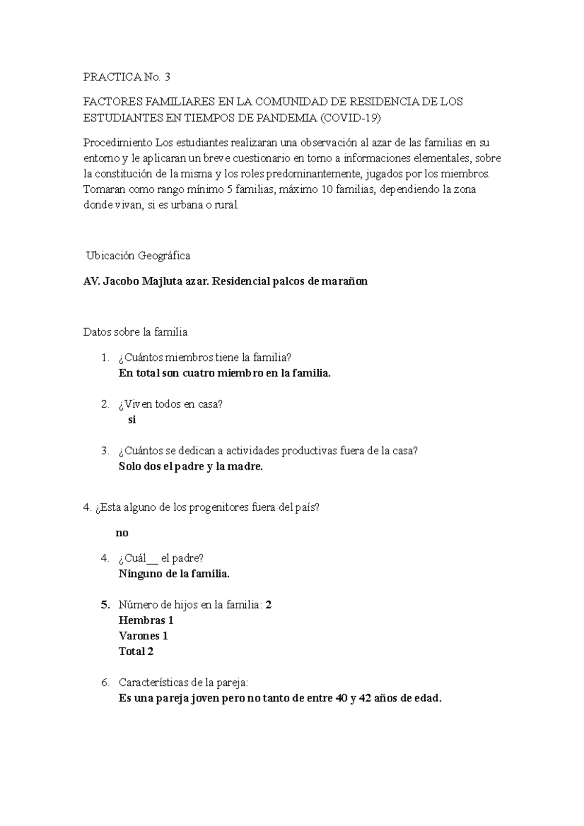 Practica No - nvghj - PRACTICA No. 3 FACTORES FAMILIARES EN LA ...