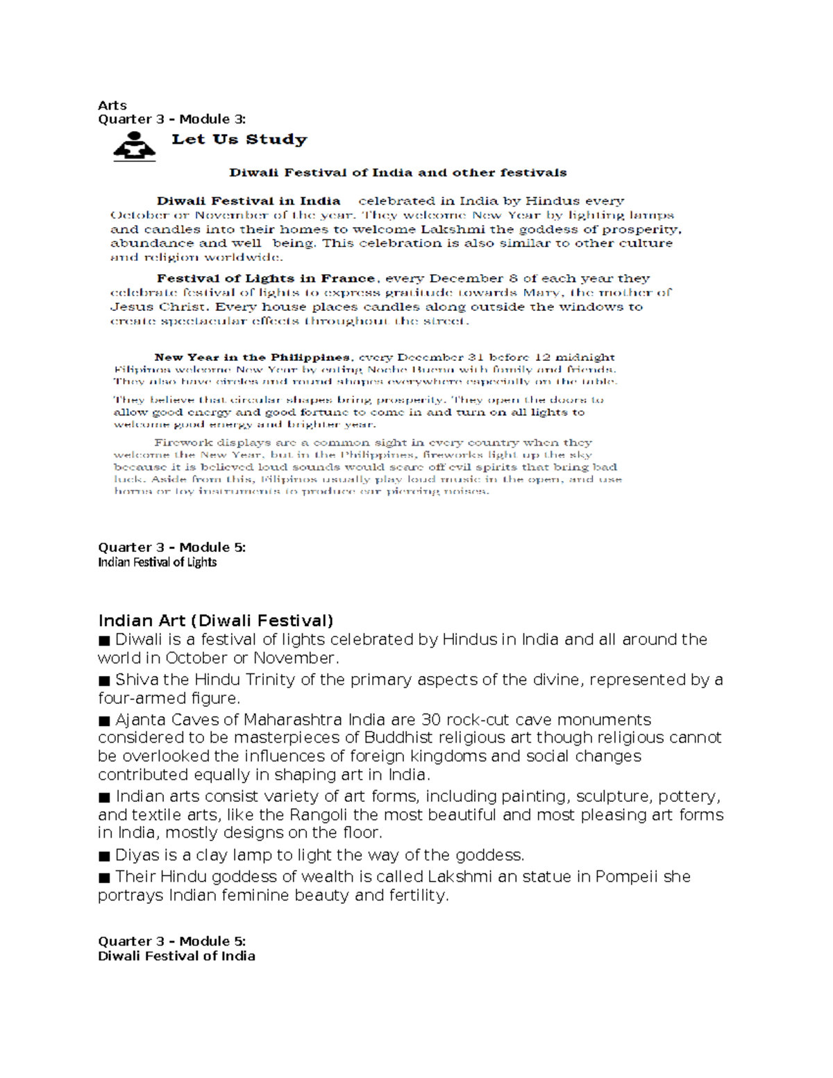 Slm grade 8 need to print - Arts Quarter 3 – Module 3: Diwali Festival ...