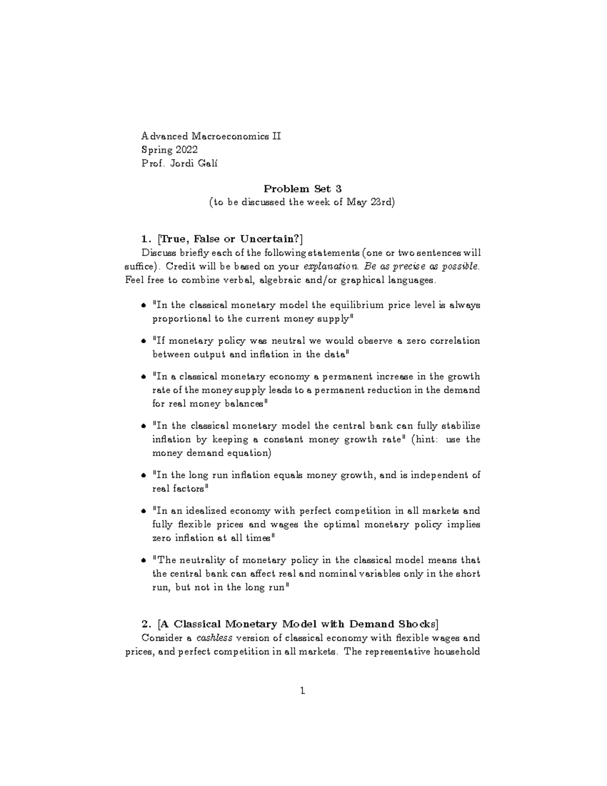 Problem Set 3 - Advanced Macroeconomics II Spring 2022 Prof. Jordi GalÌ Problem Set 3 (to be ...