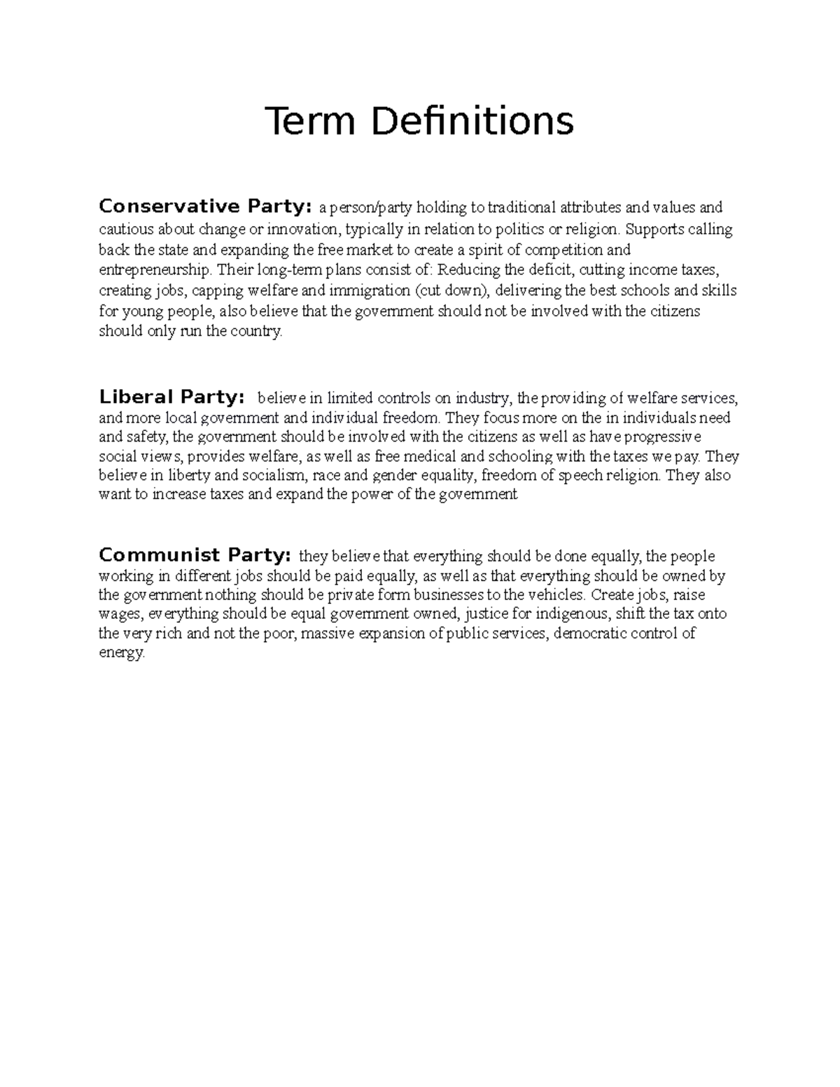 Civics Term Definitions - Term Definitions Conservative Party: a person ...