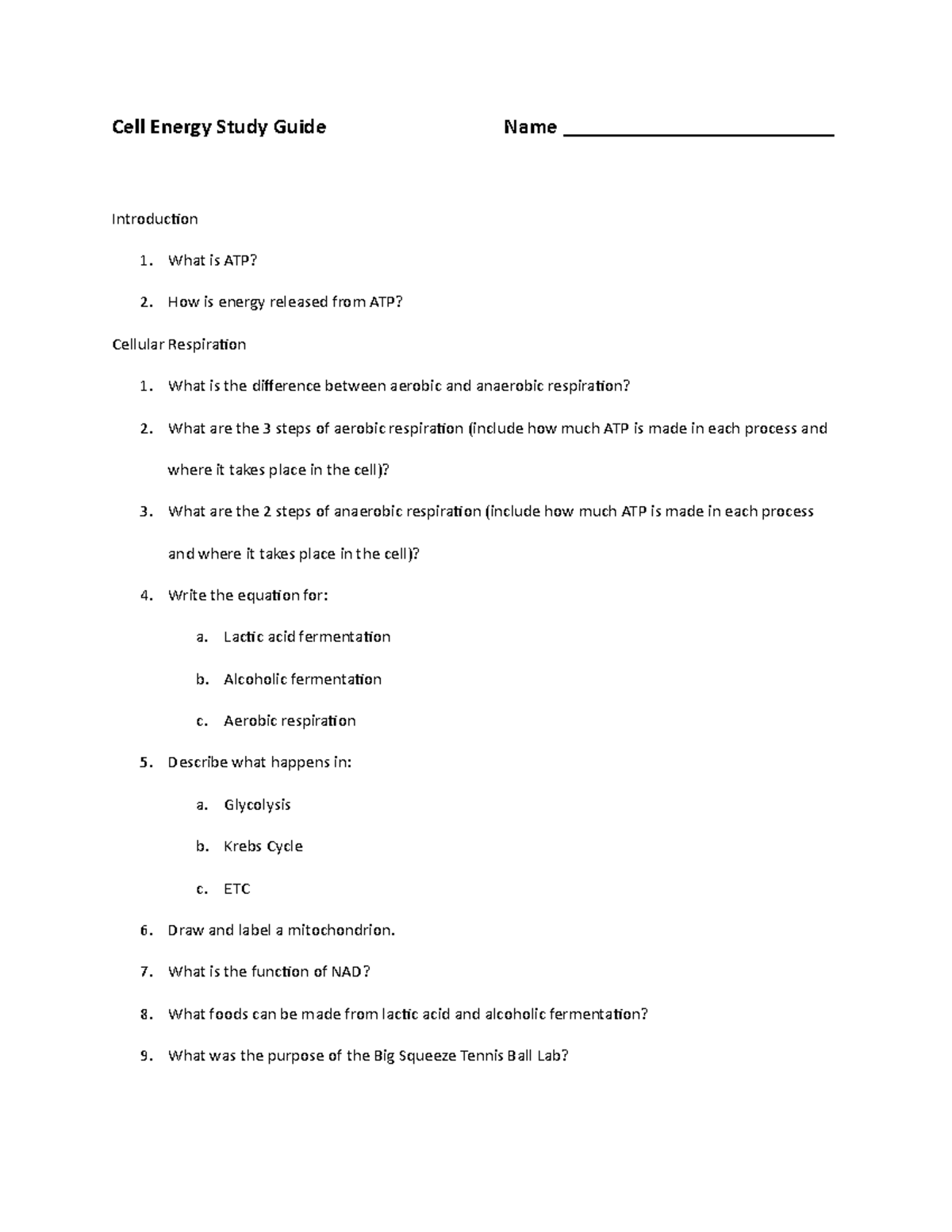 Cell Energy Study Guide 103 F18 - Cell Energy Study Guide Name