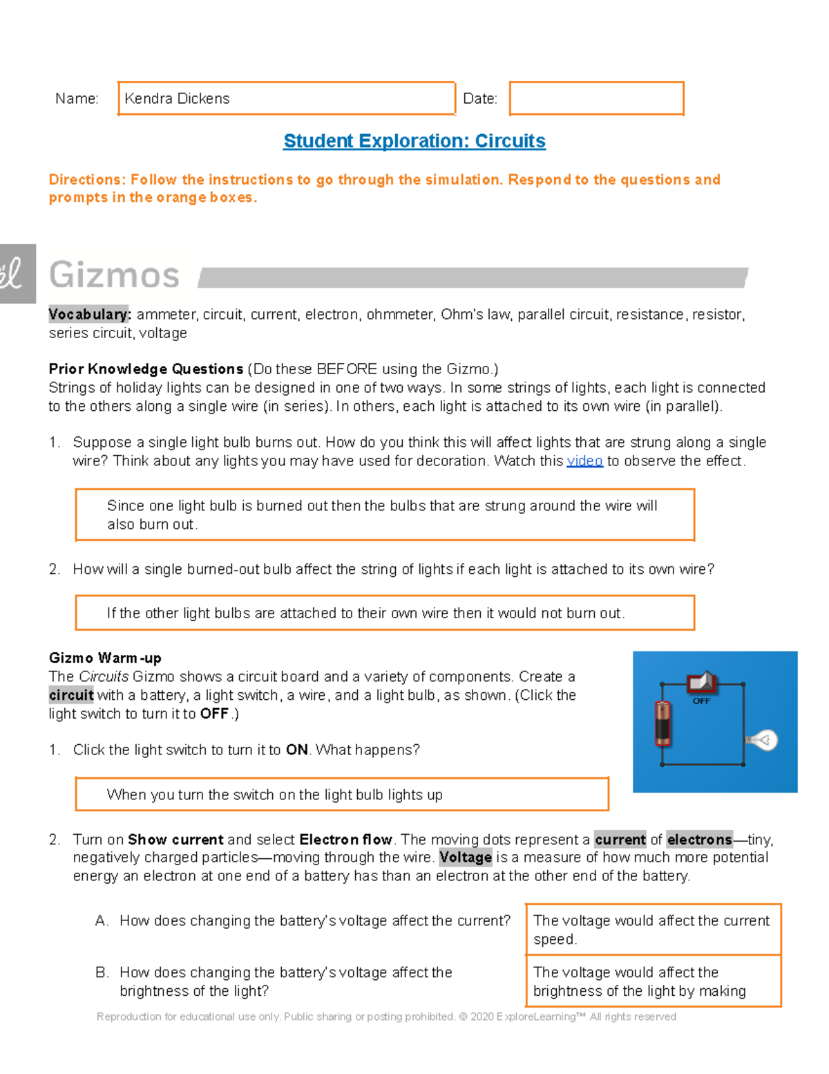 Electrical Circuits Gizmo - Name: Kendra Dickens Date: Student ...