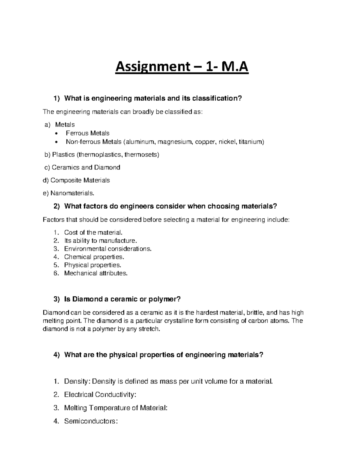 Assignment – 1 Model Answer - Assignment – 1- M 1) What is engineering materials and its - Studocu