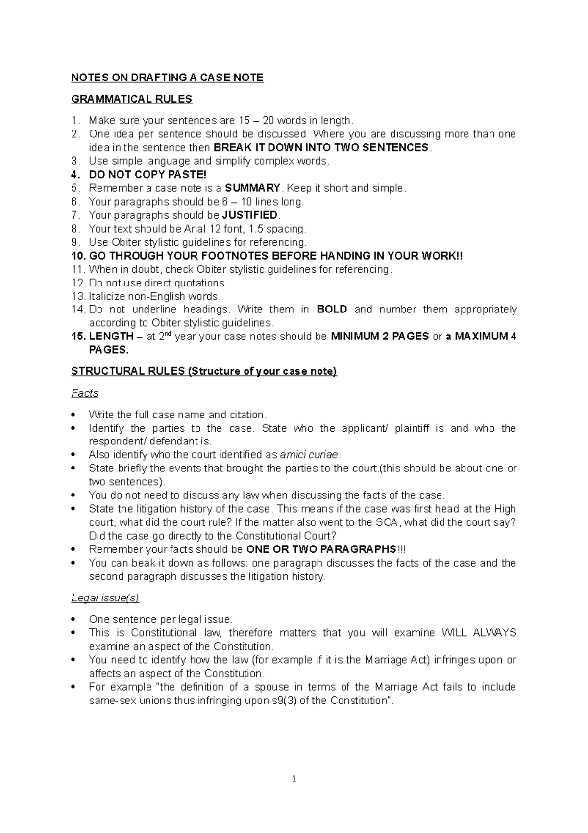 Notes ON Drafting A CASE NOTE. - NOTES ON DRAFTING A CASE NOTE ...