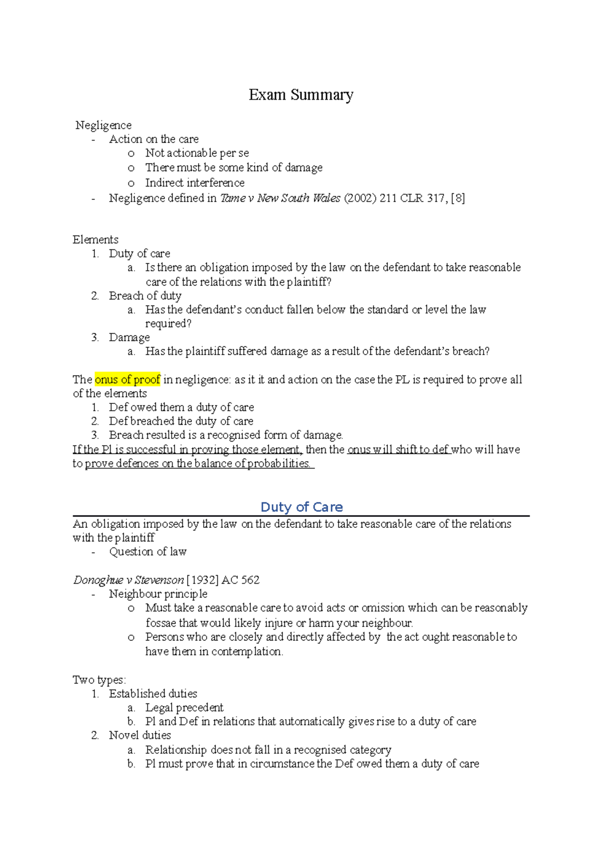 Exam Summary - Exam Summary Negligence - Action on the care o Not ...