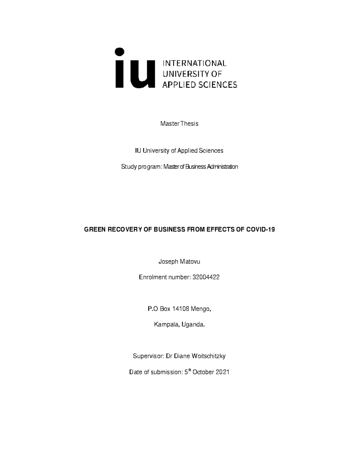 MBA business MB1002 - Master Thesis IU University of Applied Sciences ...