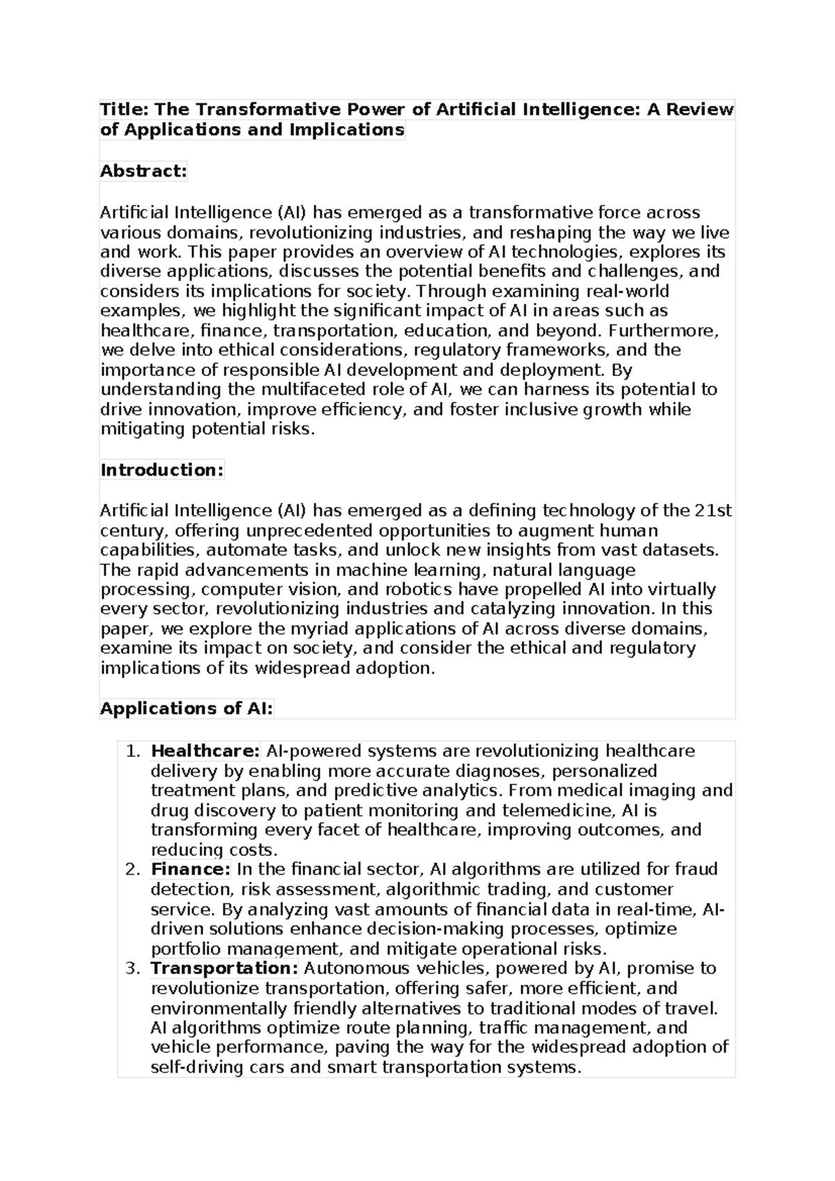 Paper on AI - Title: The Transformative Power of Artificial ...