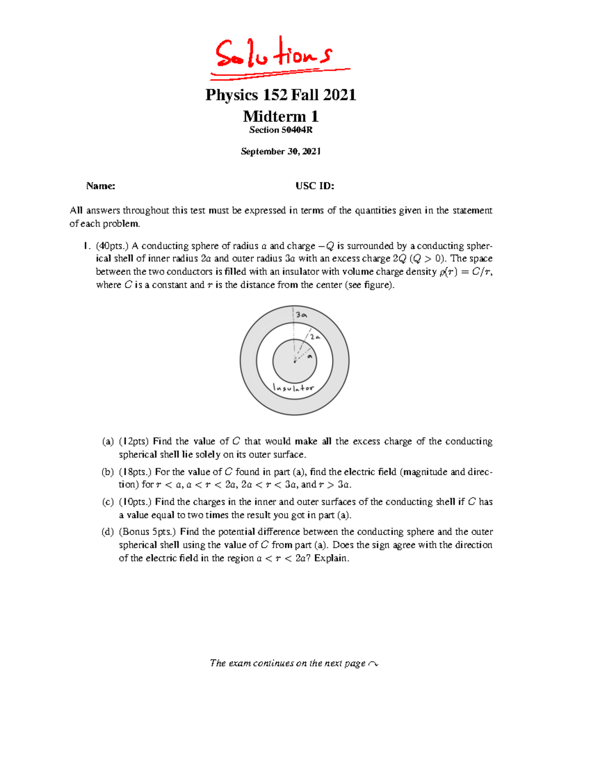 Phys152 Midterm 1 Fall2021 Solutions - Physics 152 Fall 2021 Midterm 1 Section 50404R September ...