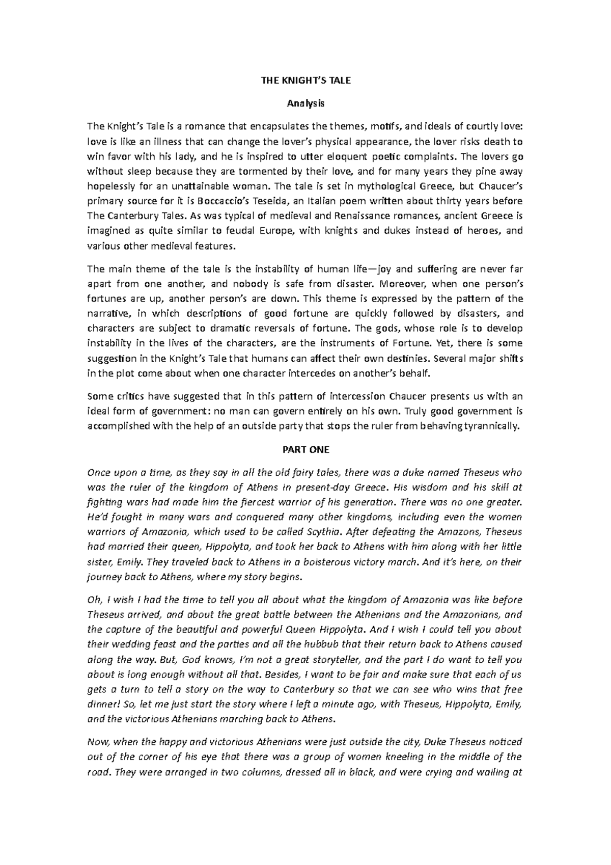 THE Knight'S TALE - Apuntes 2 - THE KNIGHT’S TALE Analysis The Knight’s ...