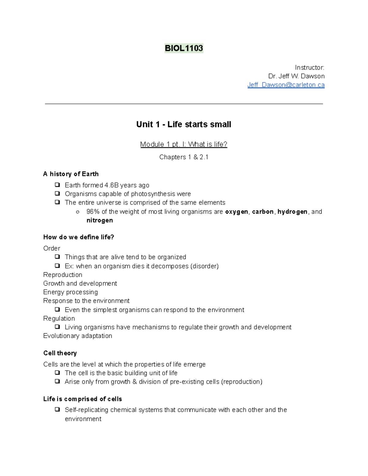 BIOL1103 - Unit 1 Lectures - BIOL Instructor: Dr. Jeff W. Dawson Jeff_Dawson@carleton Unit 1 ...
