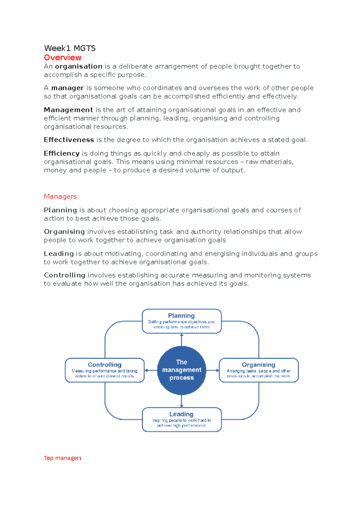 Mgtsweek 1 notes - Week1 MGTS Overview An organisation is a deliberate ...