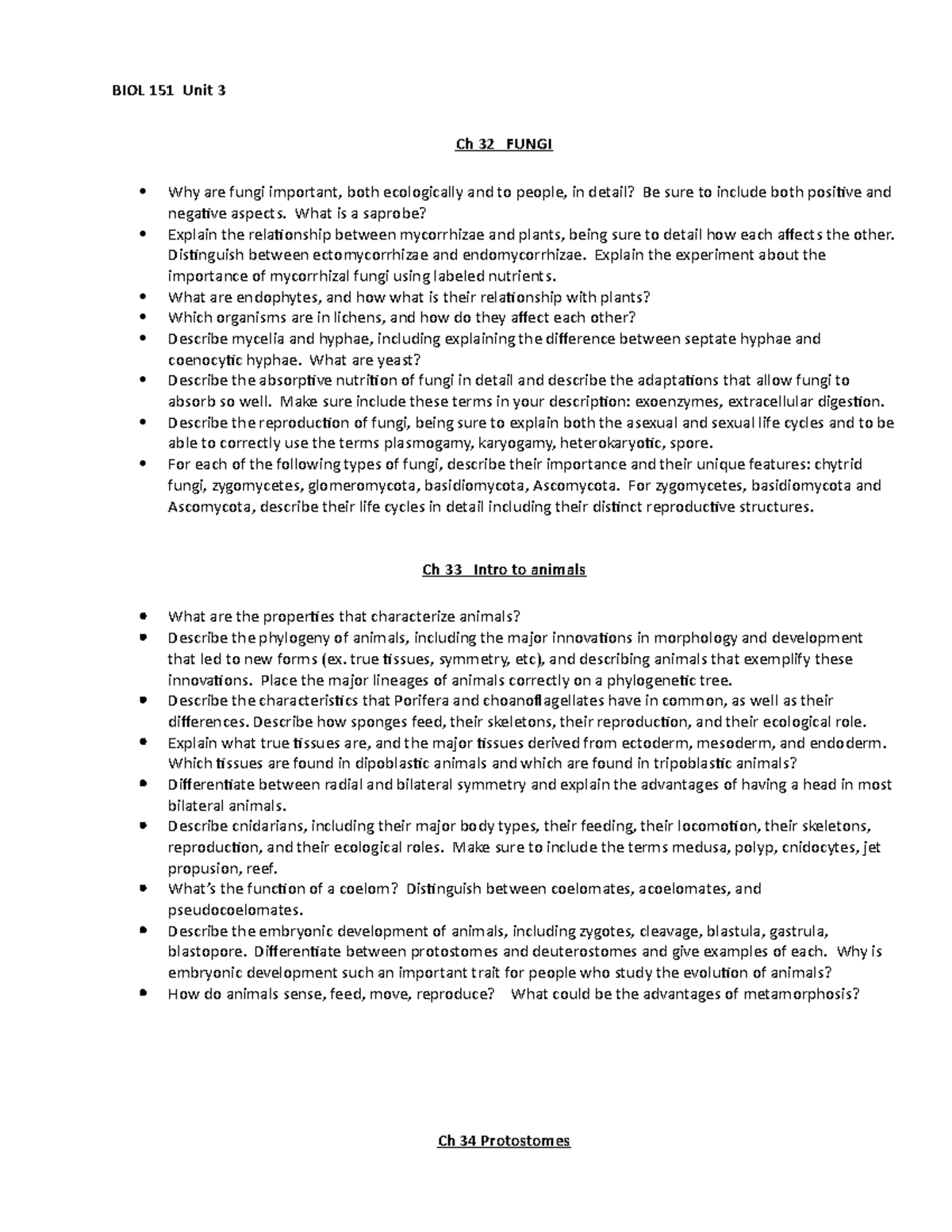 Unit 3 fungi and animals study guide - BIOL 151 Unit 3 Ch 32 FUNGI Why ...