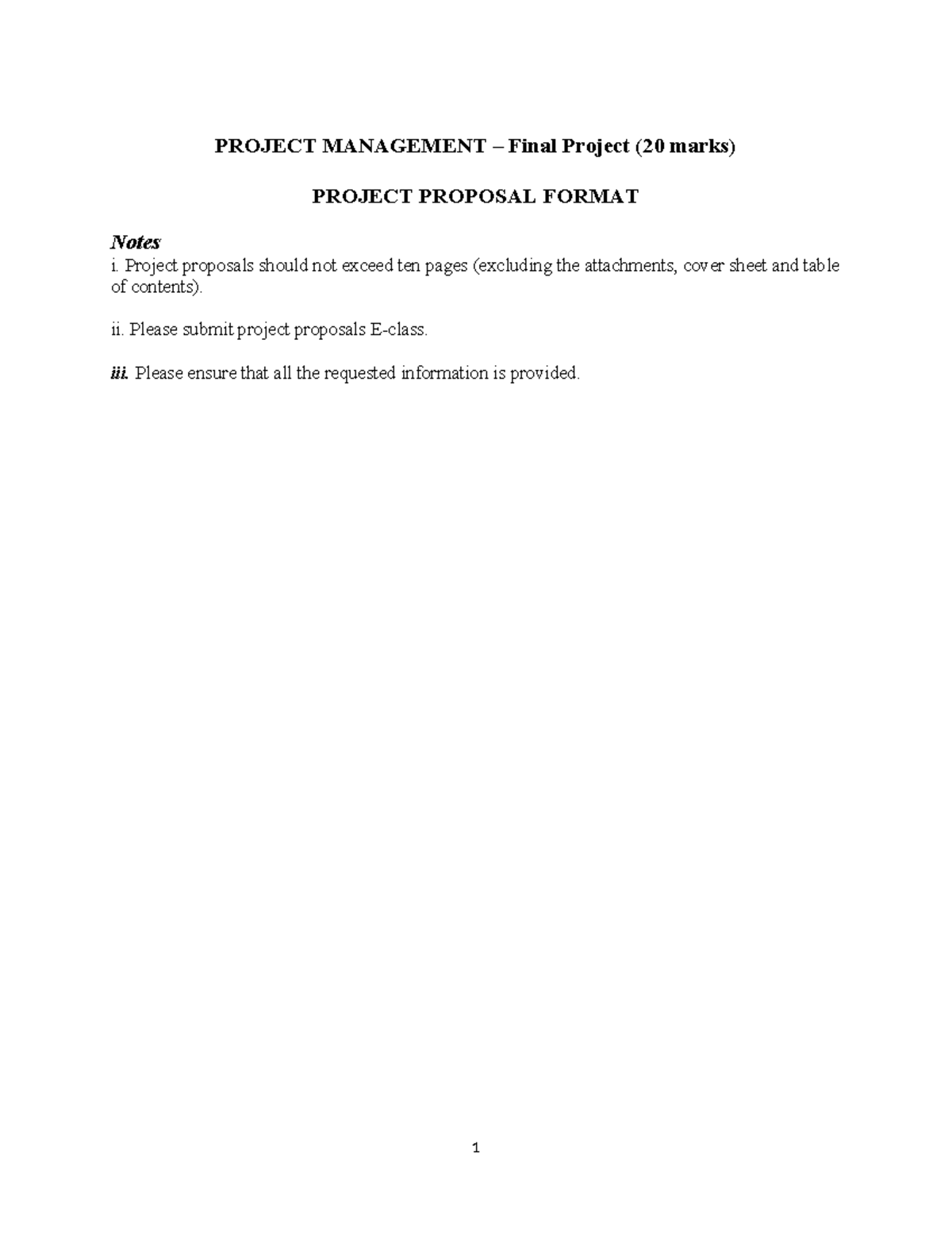Project Proposal PROJECT MANAGEMENT Final Project 20 Marks
