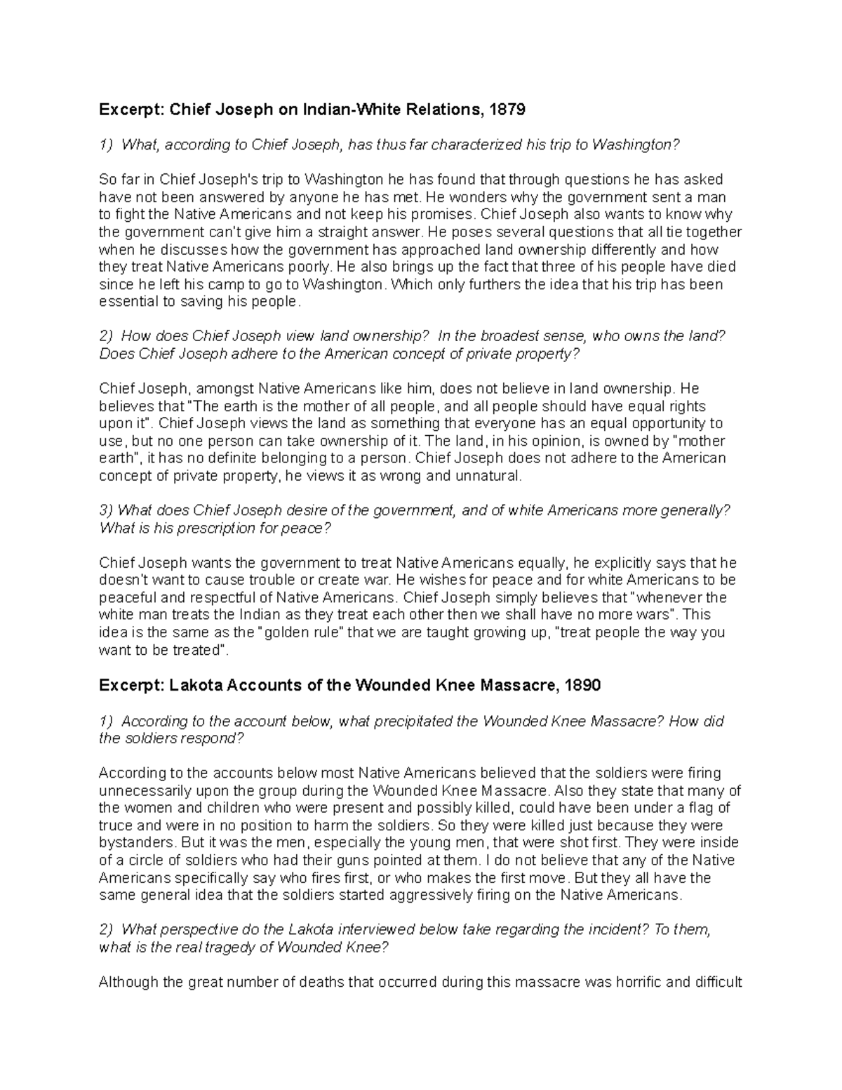 Homework 1, Primary Source Analysis - Excerpt: Chief Joseph on Indian ...