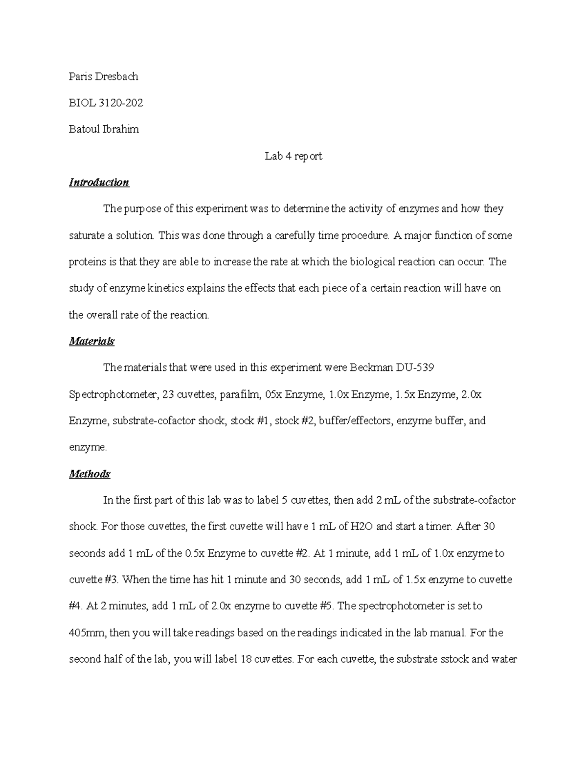 Cell Biology Lab Report 4 - Paris Dresbach BIOL 3120- Batoul Ibrahim ...