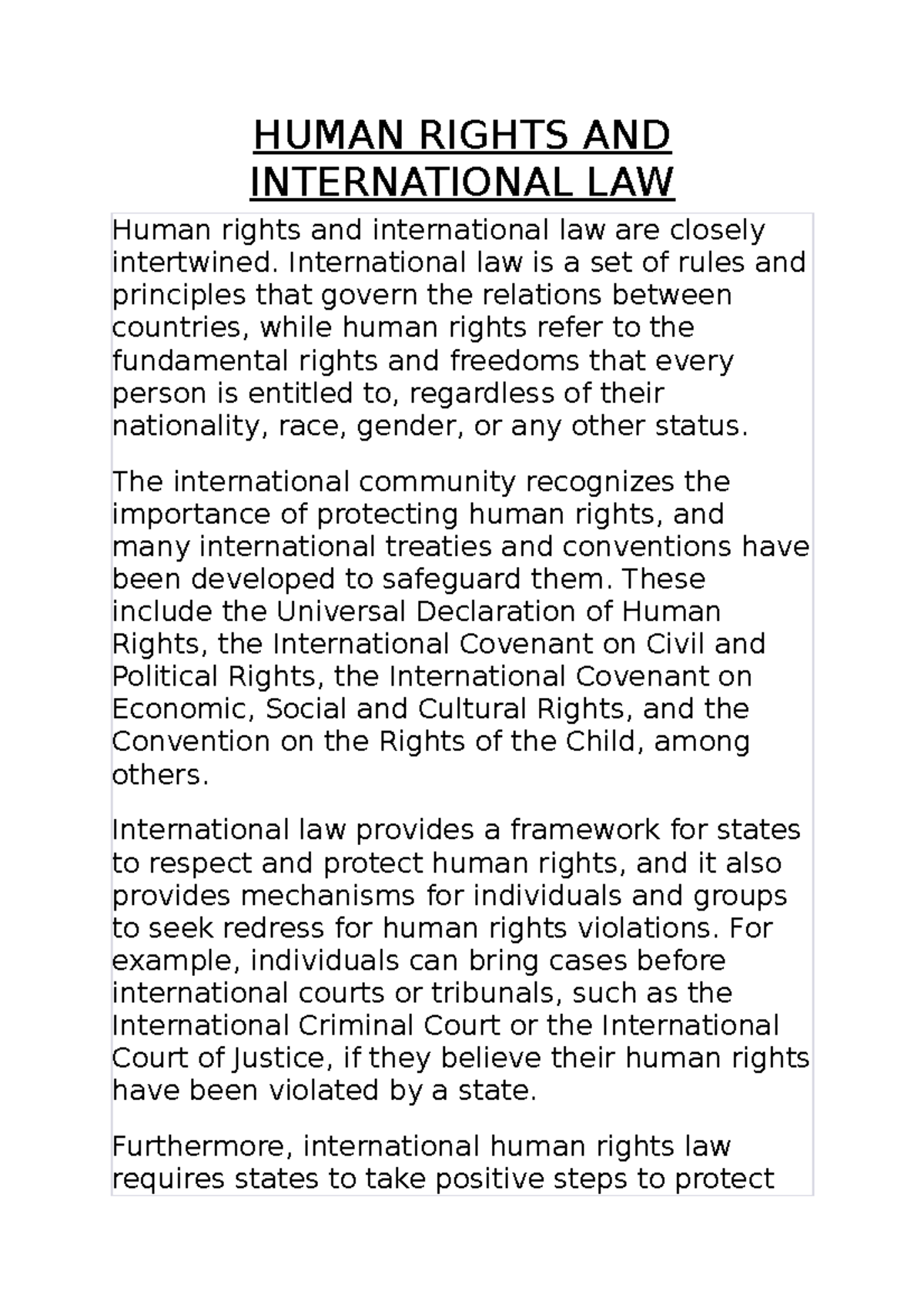 Human Rights AND International LAW - HUMAN RIGHTS AND INTERNATIONAL LAW ...
