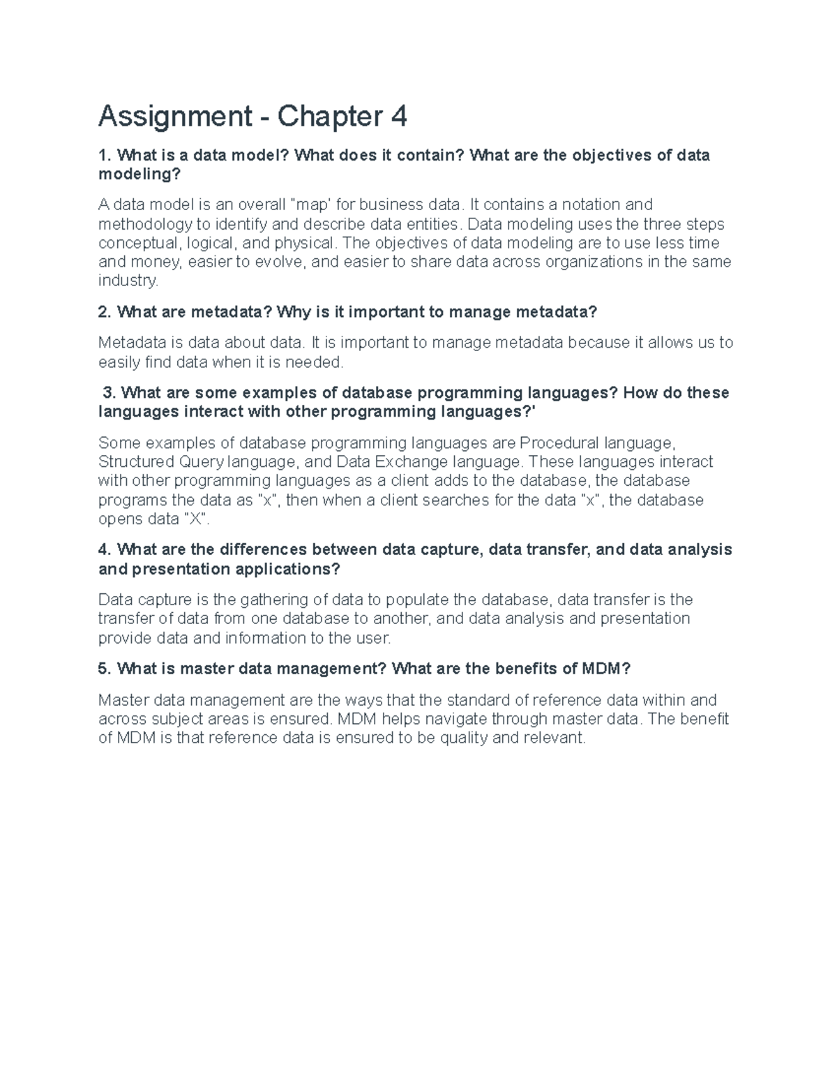 Assignment - Chapter 4 - What is a data model? What does it contain ...