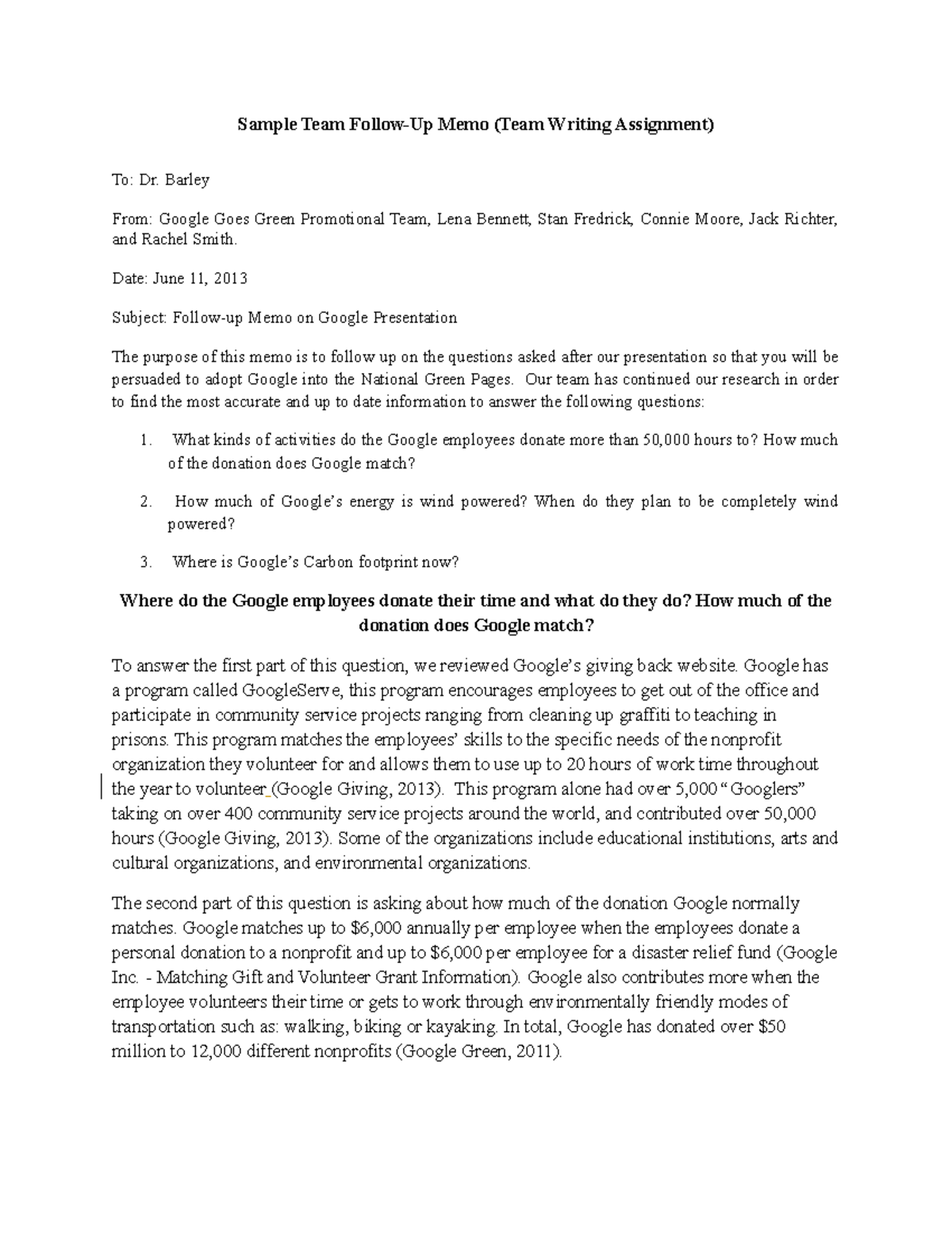 Sample Team Followup Revised-3 - Sample Team Memo (Team Writing ...