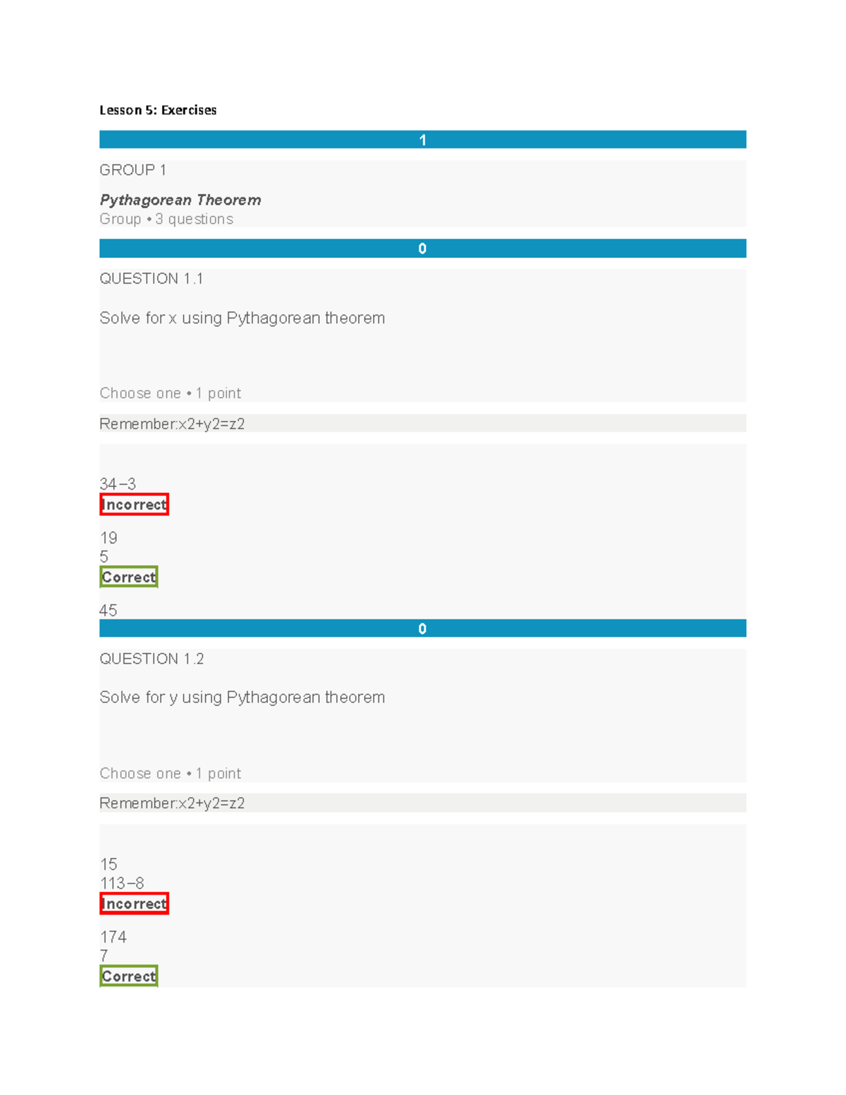 Lesson 5 exercises - test - Lesson 5: Exercises 1 GROUP 1 Pythagorean ...
