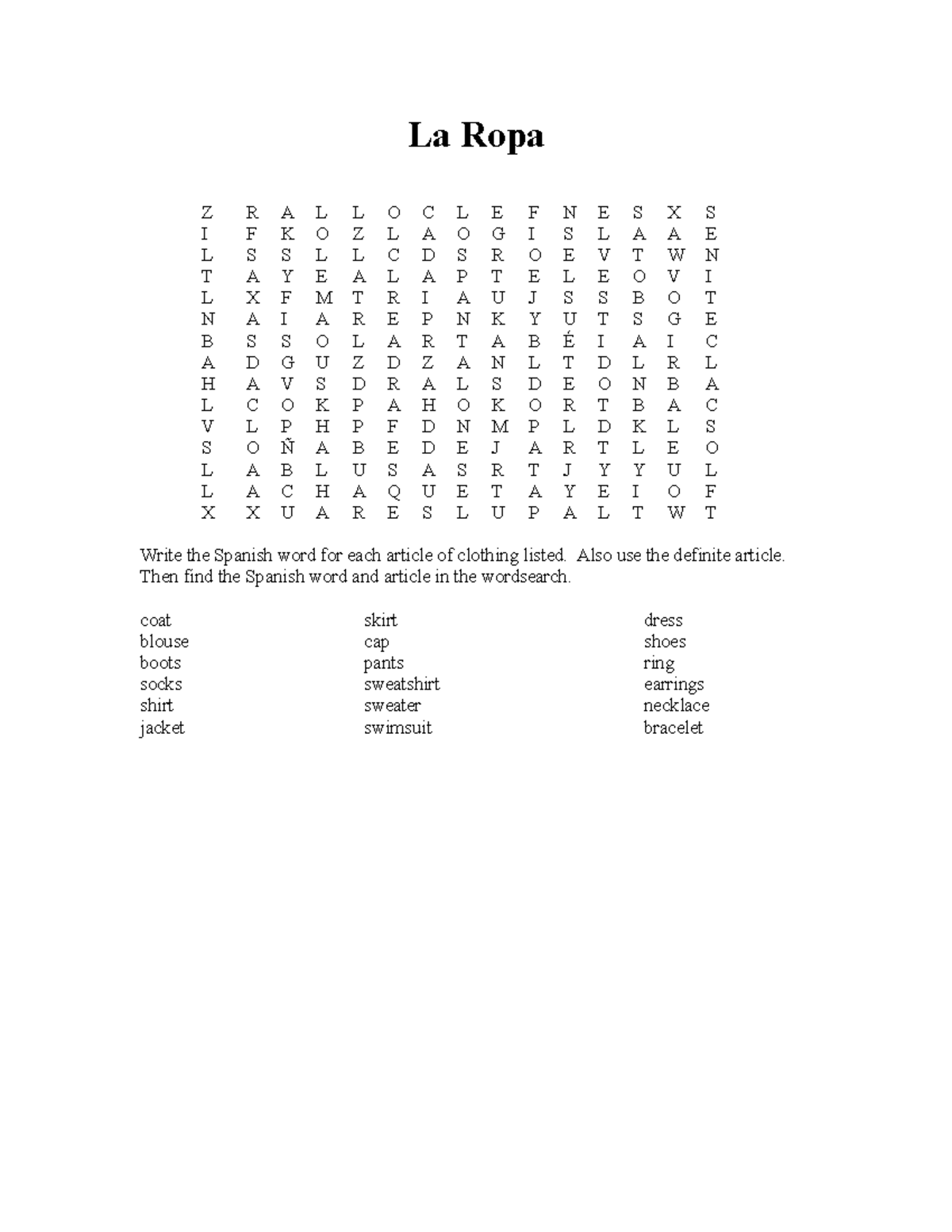 Jarvis Jackson - La Ropa - wordsearch - La Ropa Z R A L L O C L E F N E ...