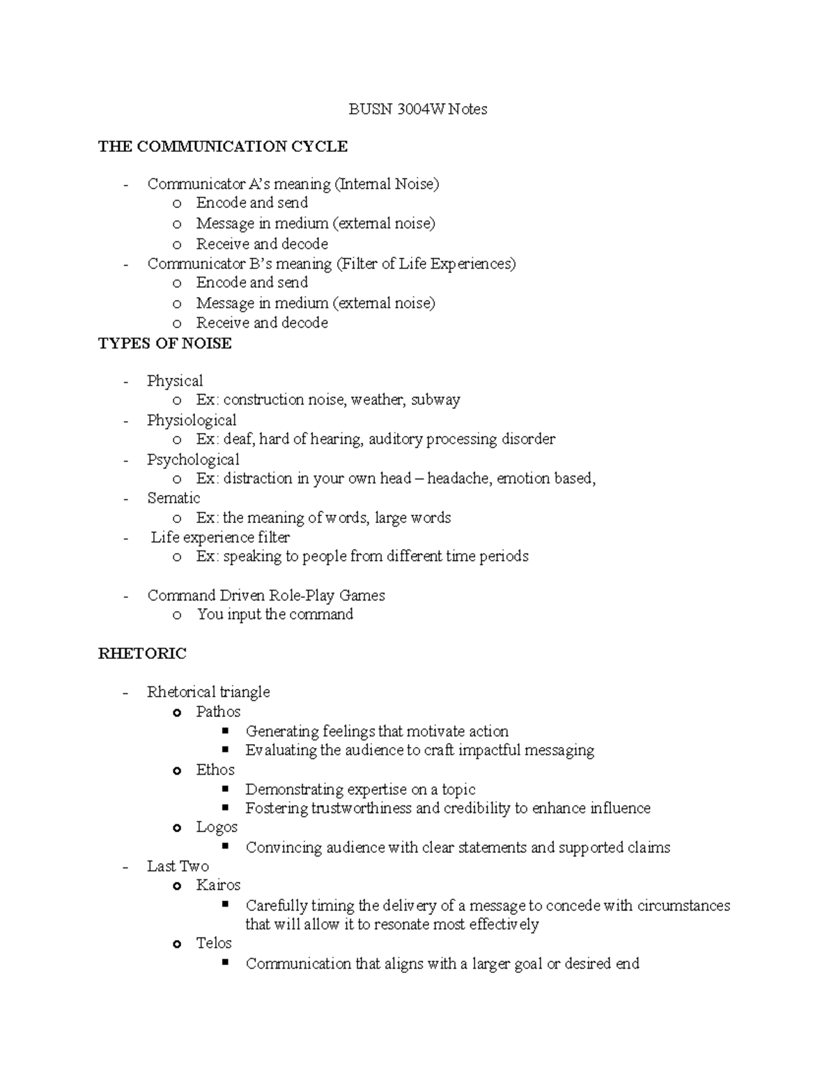 BUSN 3004W Notes - BUSN 3004W Notes THE COMMUNICATION CYCLE ...