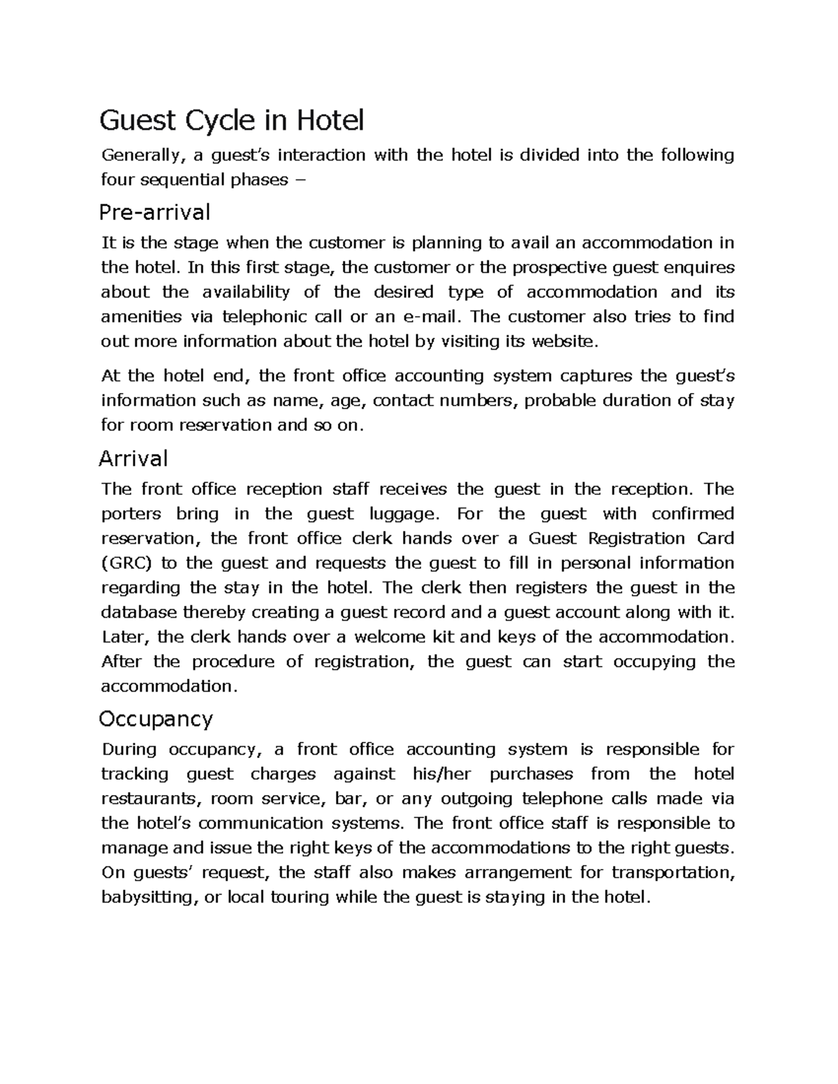 Guest Cycle in Hotel - Lecture - Guest Cycle in Hotel Generally, a ...