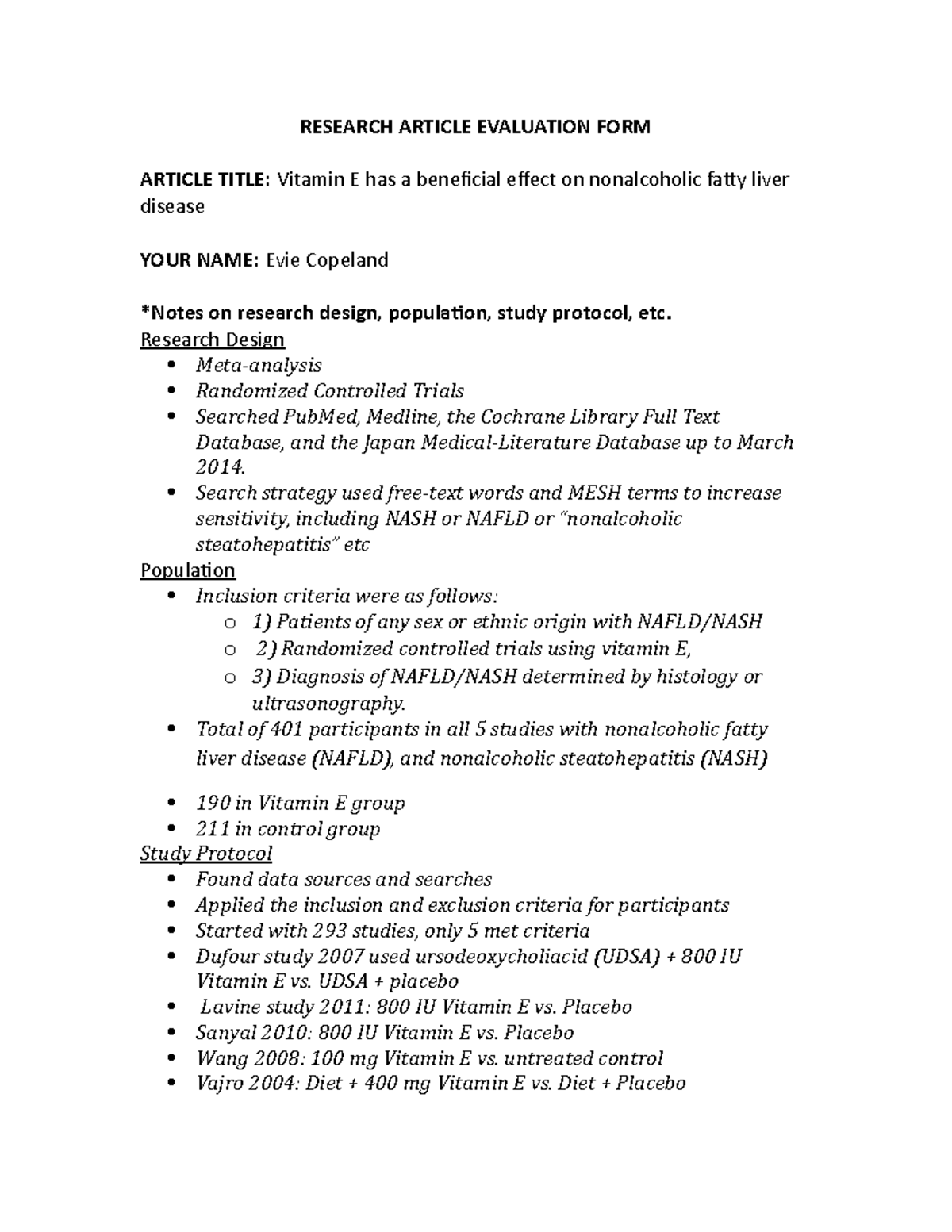 Article Review Vitamin E-8 - RESEARCH ARTICLE EVALUATION FORM ARTICLE ...