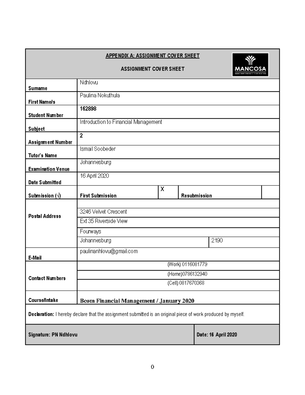 Financial Management 2 final - APPENDIX A: ASSIGNMENT COVER SHEET ...