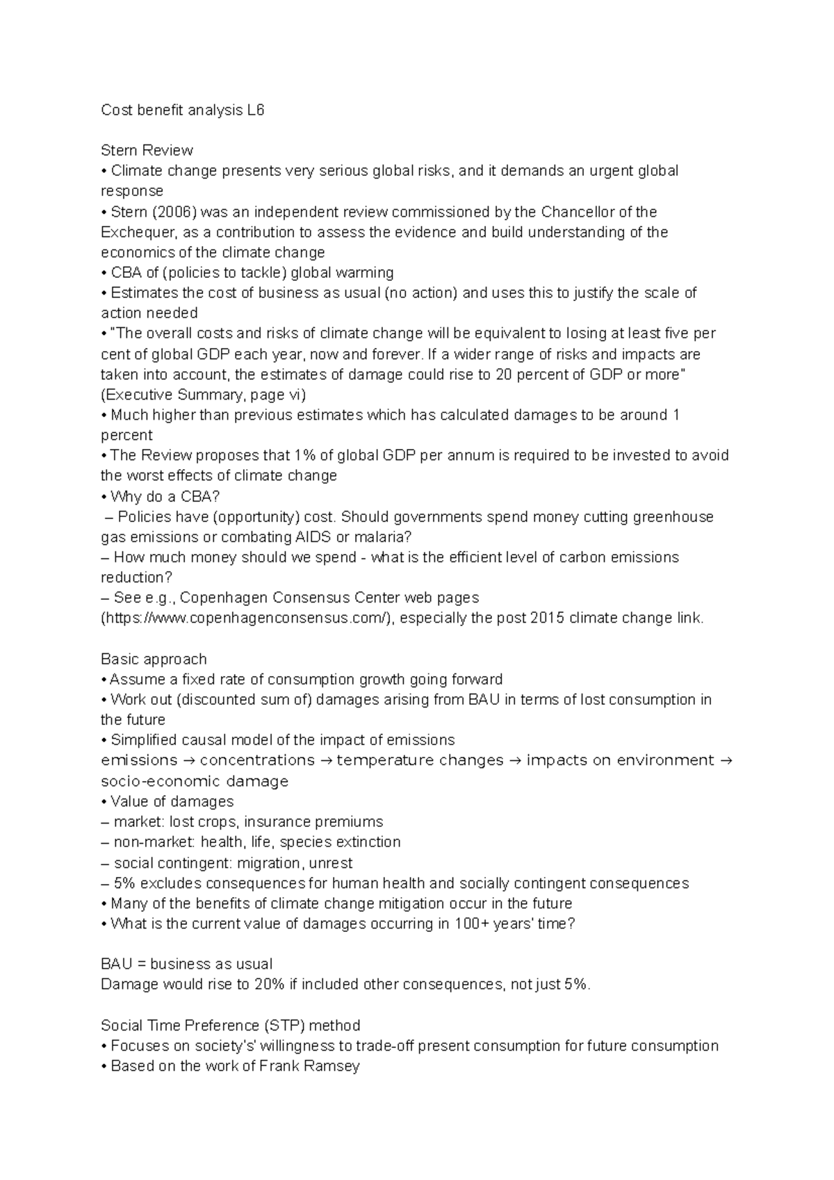 Cost Benefit analysis L6 - Cost benefit analysis L Stern Review Climate ...