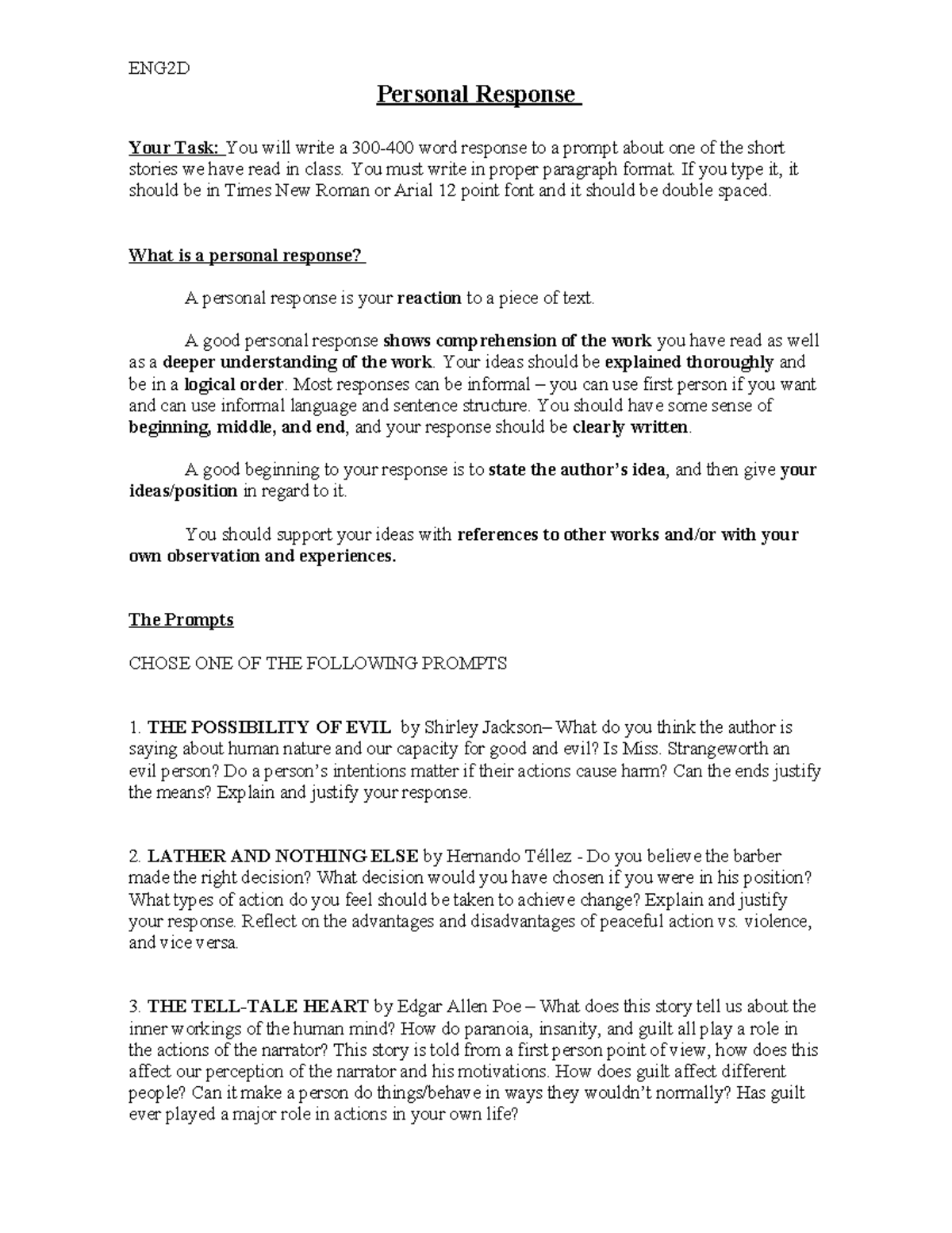 Personal Response- Short Stories - ENG2D Personal Response Your Task ...