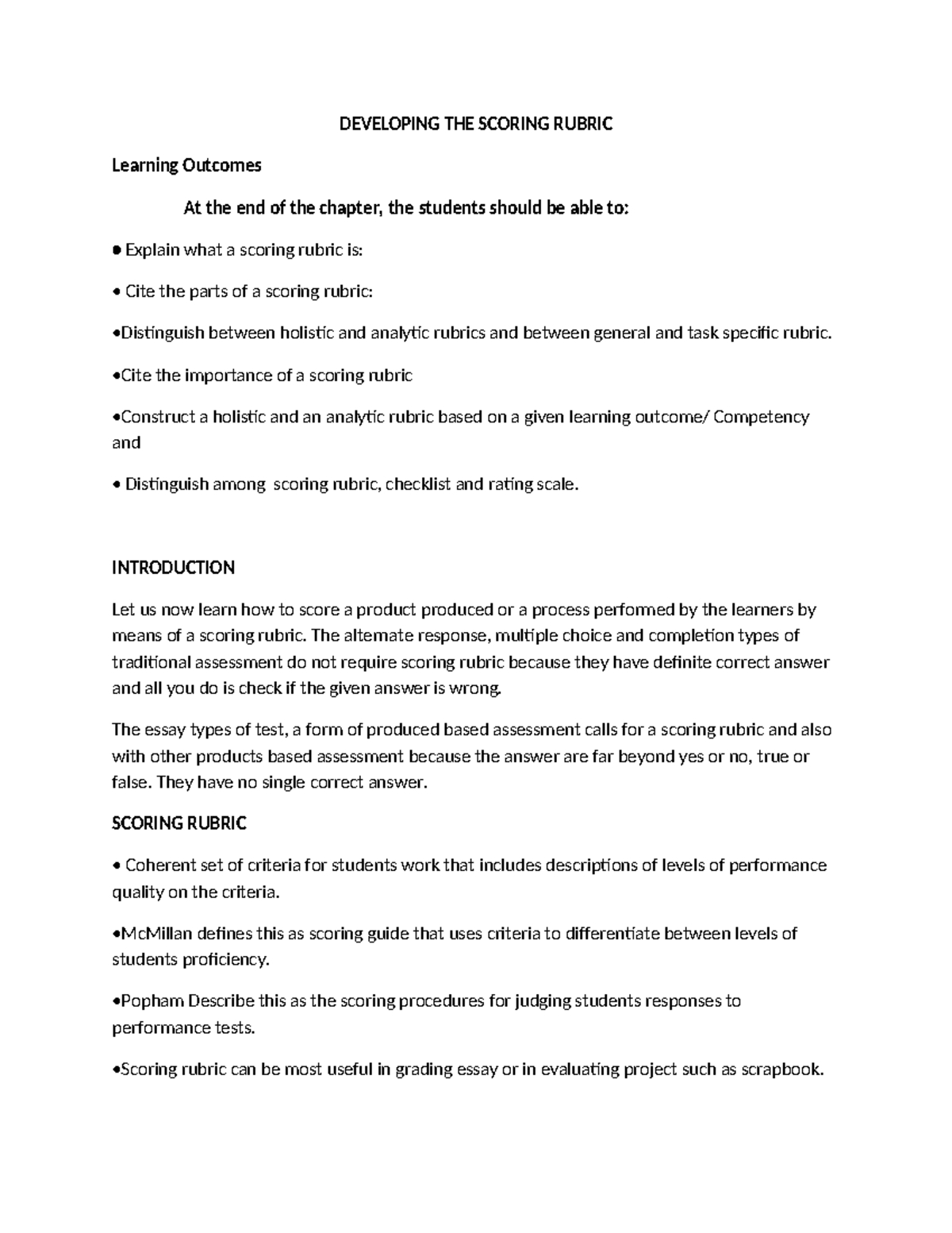 Scoring- Rubric - DEVELOPING THE SCORING RUBRIC Learning Outcomes At ...
