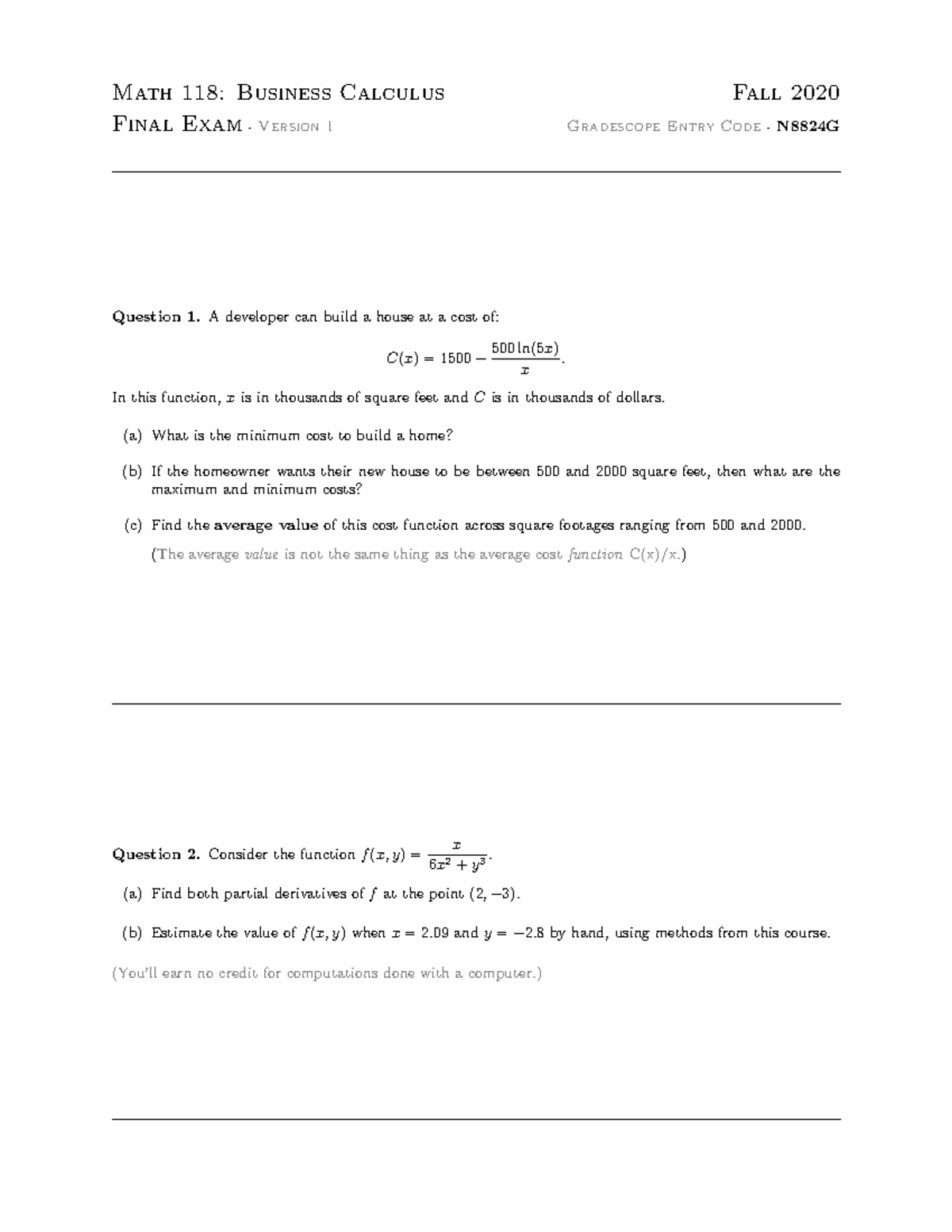 20Fall 118 Final Exam v1 - Math 118: Business Calculus Fall 2020 Final ...