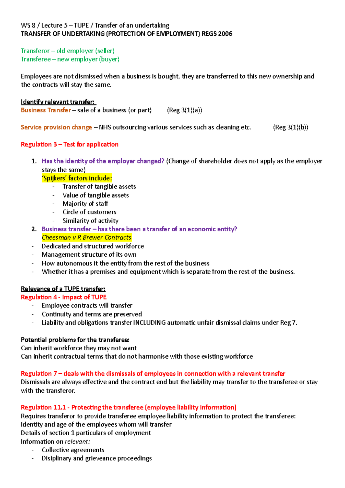 WS8:Lecture 5 - Transfer of undertakings - WS 8 / Lecture 5 – TUPE ...