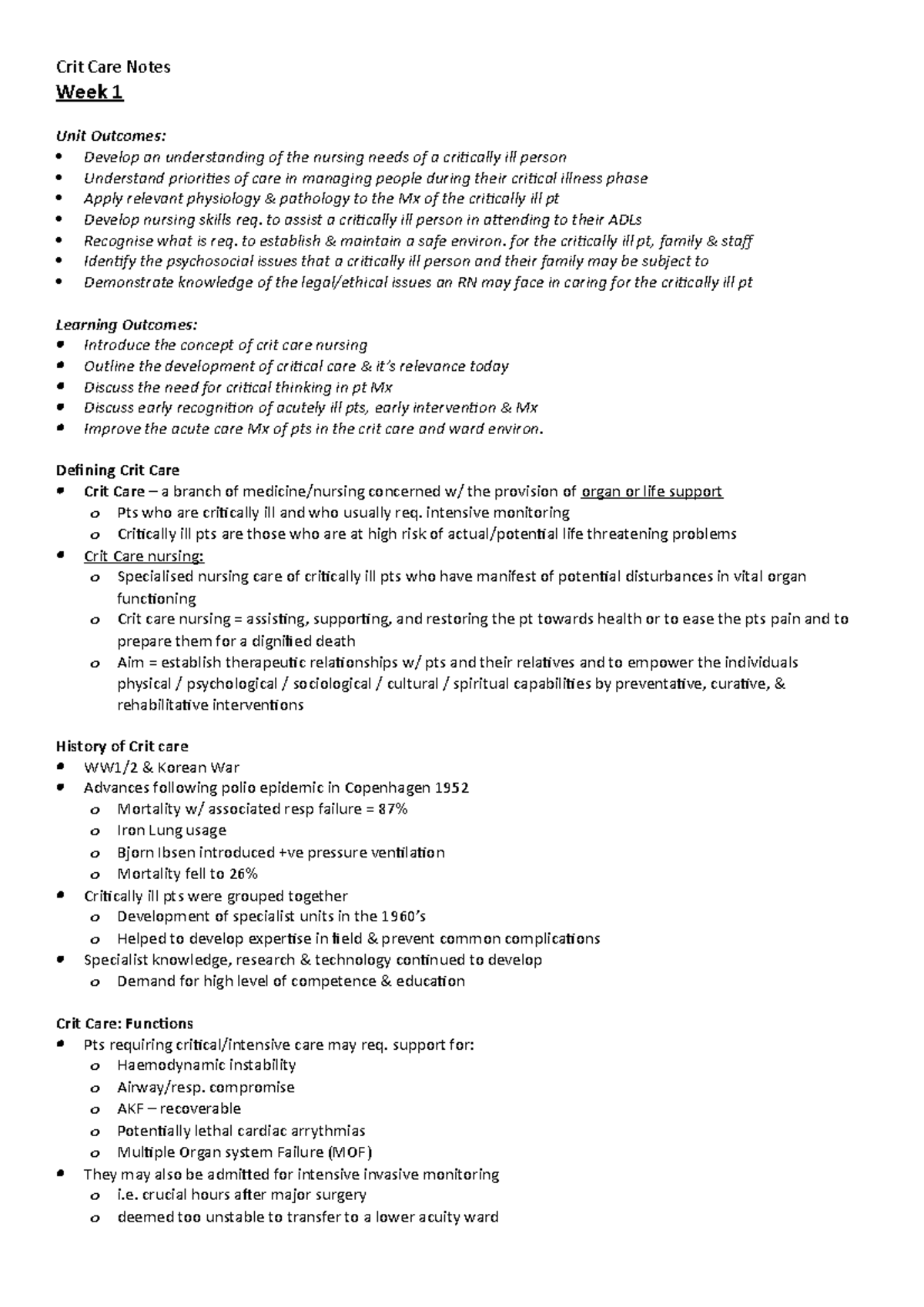 Crit Care Notes - Week 1 Unit Outcomes: Develop an understanding of the ...