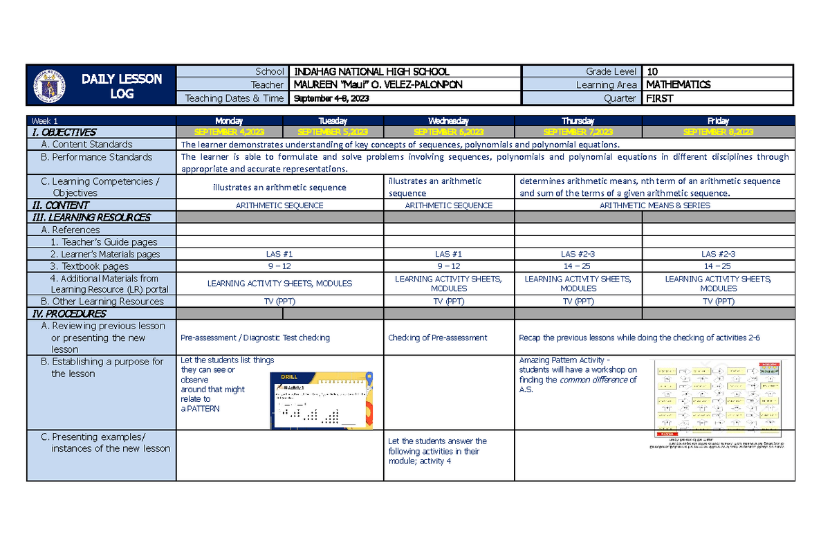 MATH DLL-1st Q-W1 - SAMPLE ONLY - DAILY LESSON LOG School INDAHAG ...