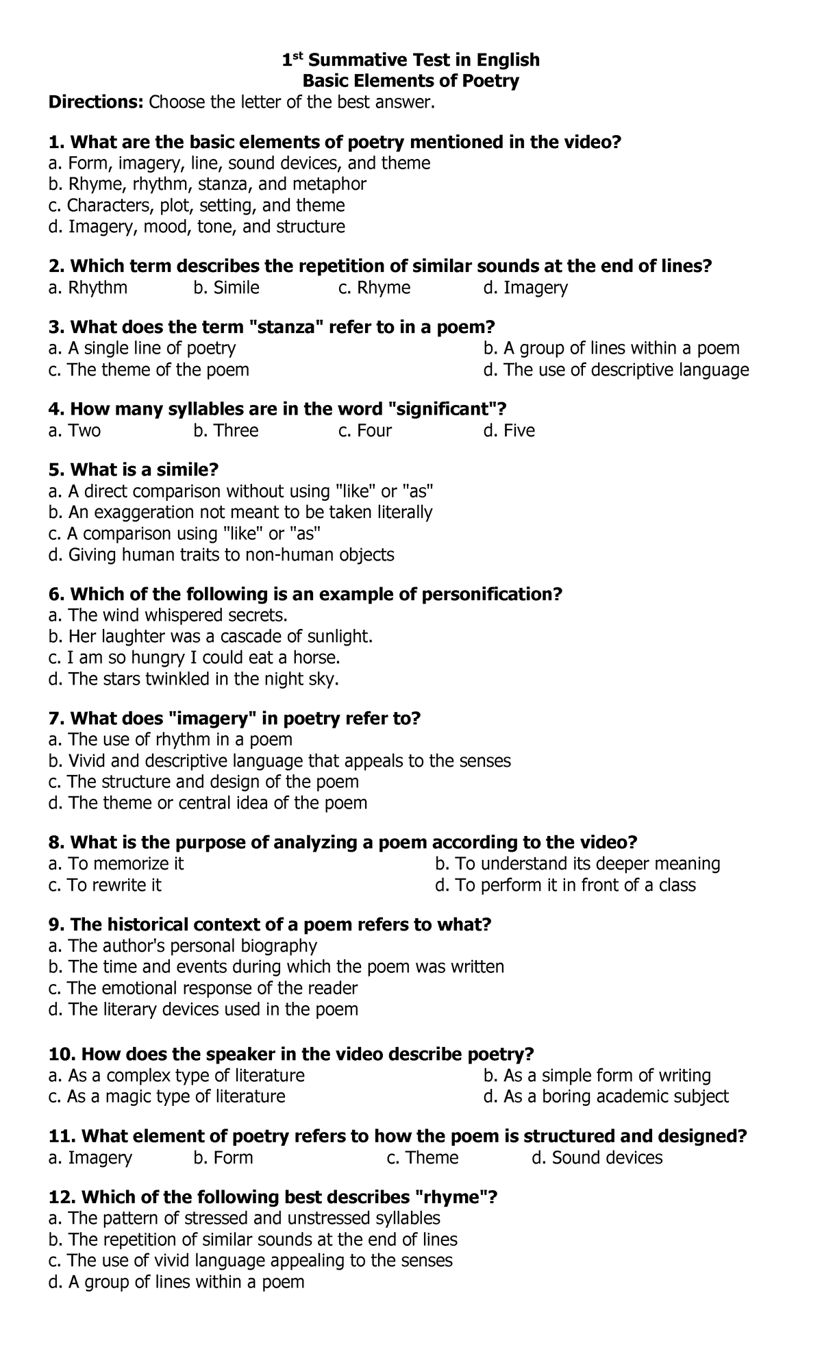 Quiz on Elements of Poetry 2 - 1 st Summative Test in English Basic ...