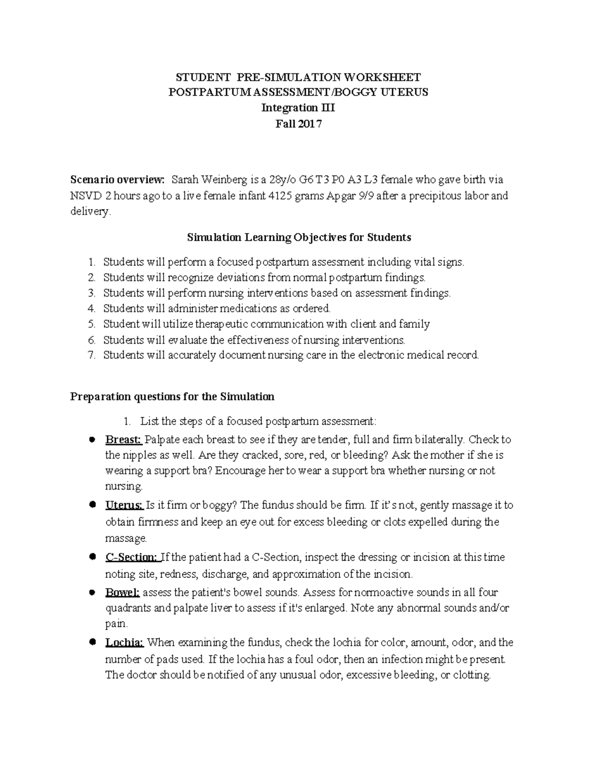 OB simulation - STUDENT PRE-SIMULATION WORKSHEET POSTPARTUM ASSESSMENT ...
