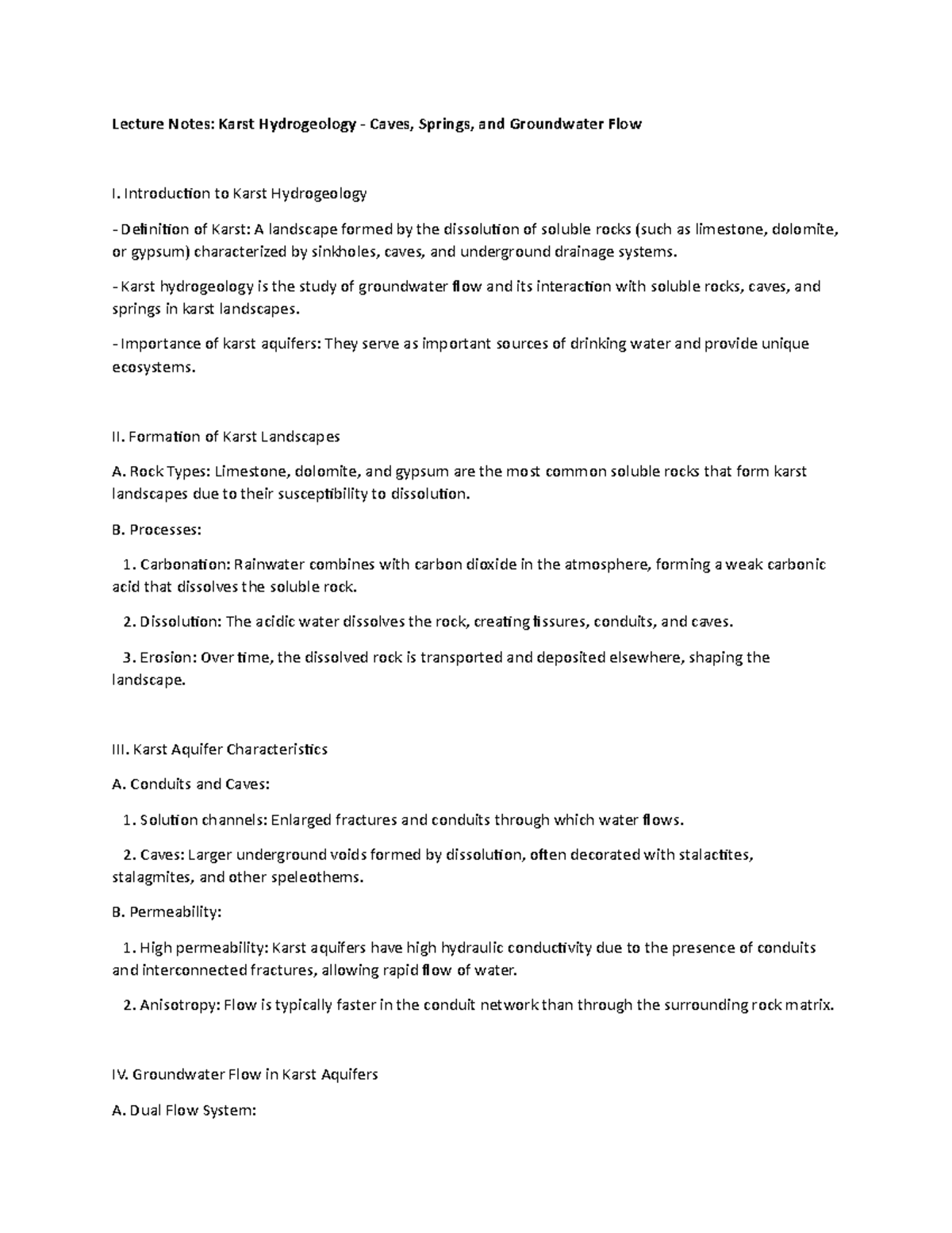 Lecture Notes: Karst Hydrogeology - Caves, Springs, and Groundwater ...