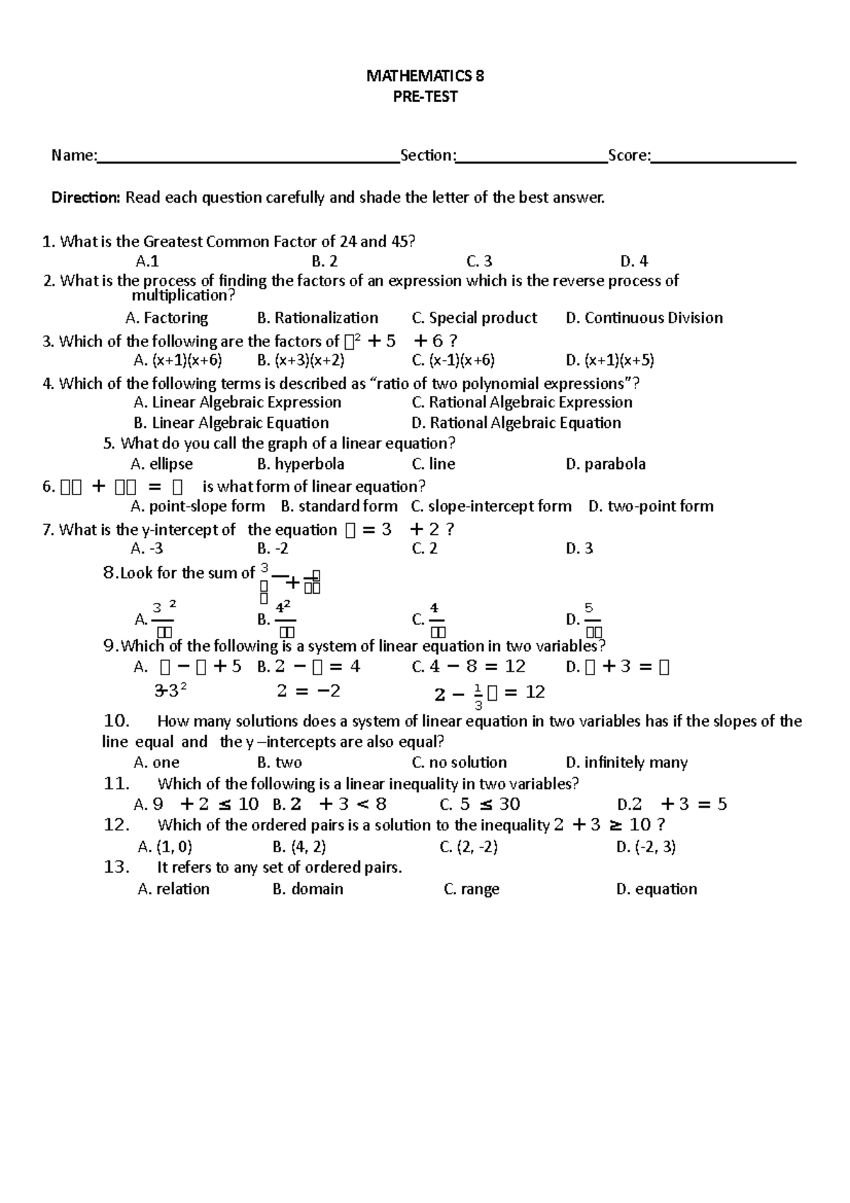 PRE TEST MATH 8 SY 2021 2022 - MATHEMATICS 8 PRE-TEST Name: Section ...