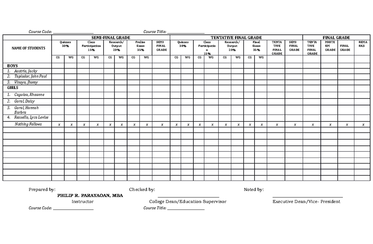 Grading Sheet College 2 - Course Code: _________________________ Course ...