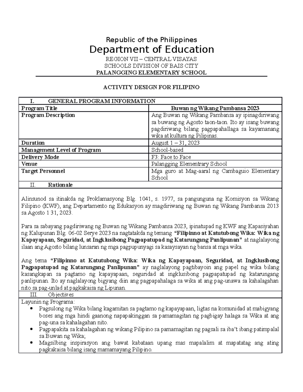 Activity Design IN Filipino Palangging ES - Republic of the Philippines ...