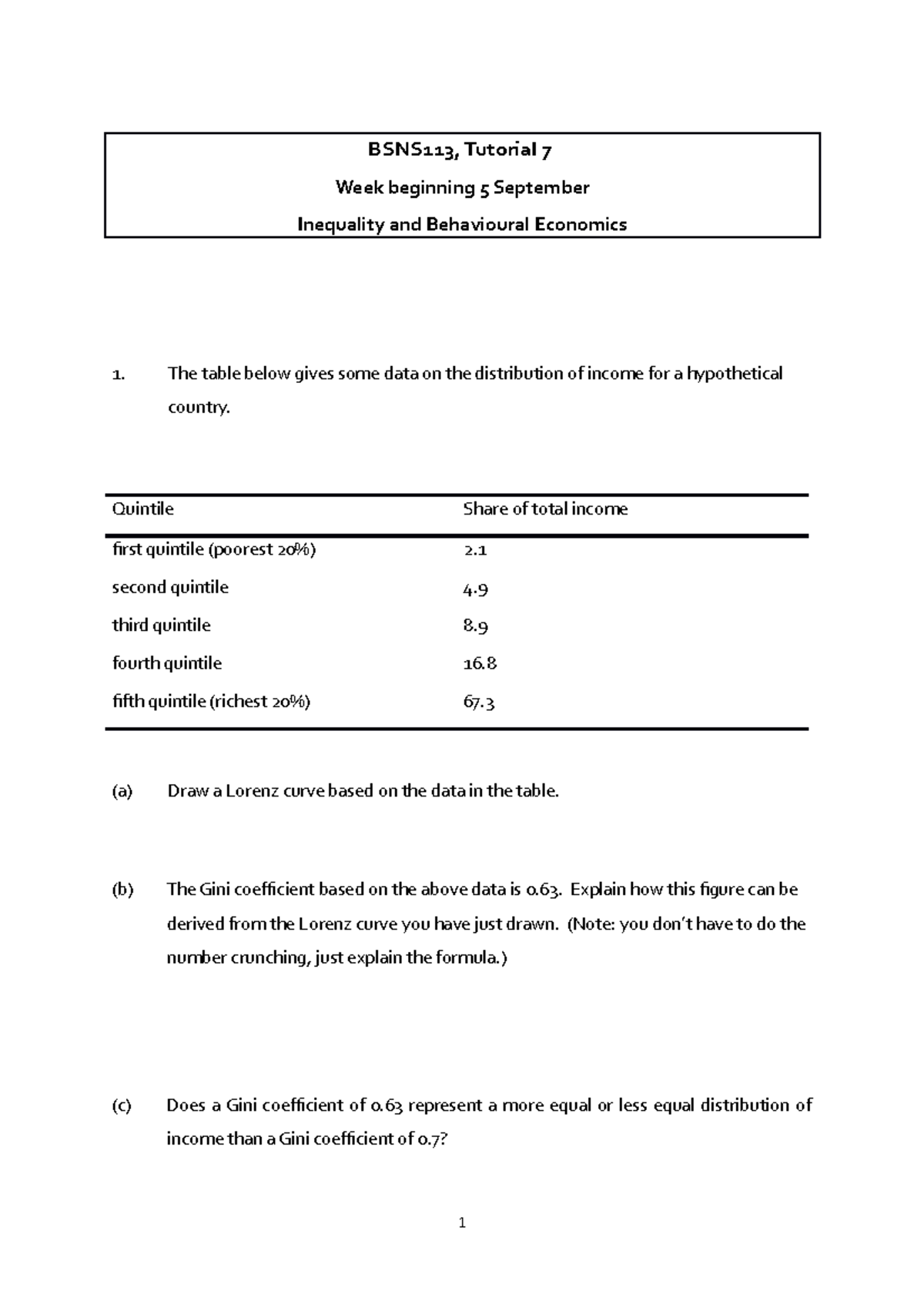 BSNS113(22)Tutorial 7 - BSNS113, Tutorial 7 Week beginning 5 September Inequality and ...