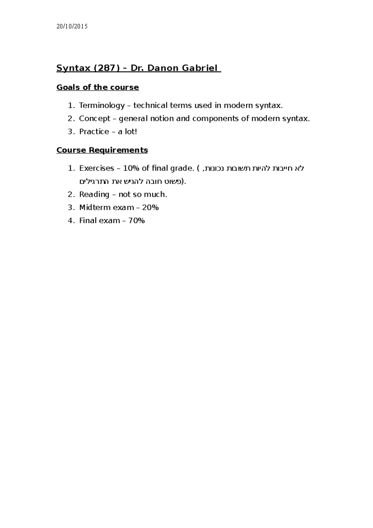 Class 1 - Lecture notes 1 - 20/10/2015 Syntax (287) – Dr. Danon Gabriel ...