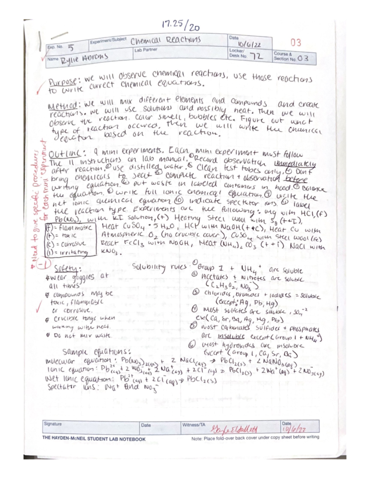 Chemical Reactions Lab data - CE-111L - Studocu