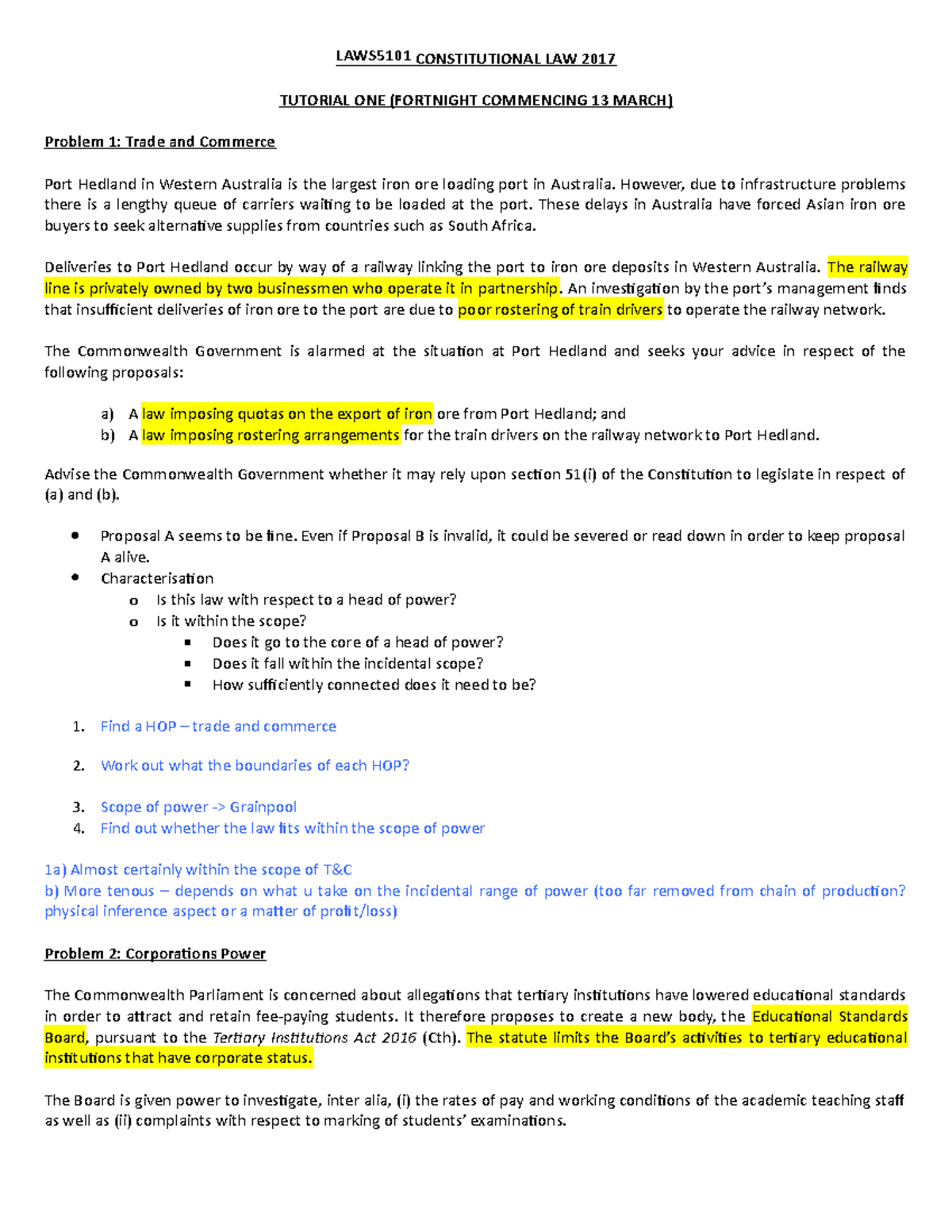 Tutorial Answers - Const law - LAWS5101 CONSTITUTIONAL LAW 2017 TUTORIAL ONE (FORTNIGHT ...