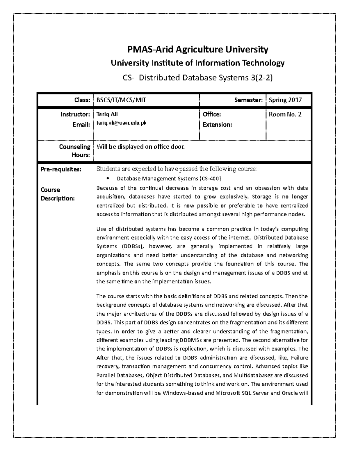 Ddbms Spring 17 - PMAS-Arid Agriculture University University Institute ...