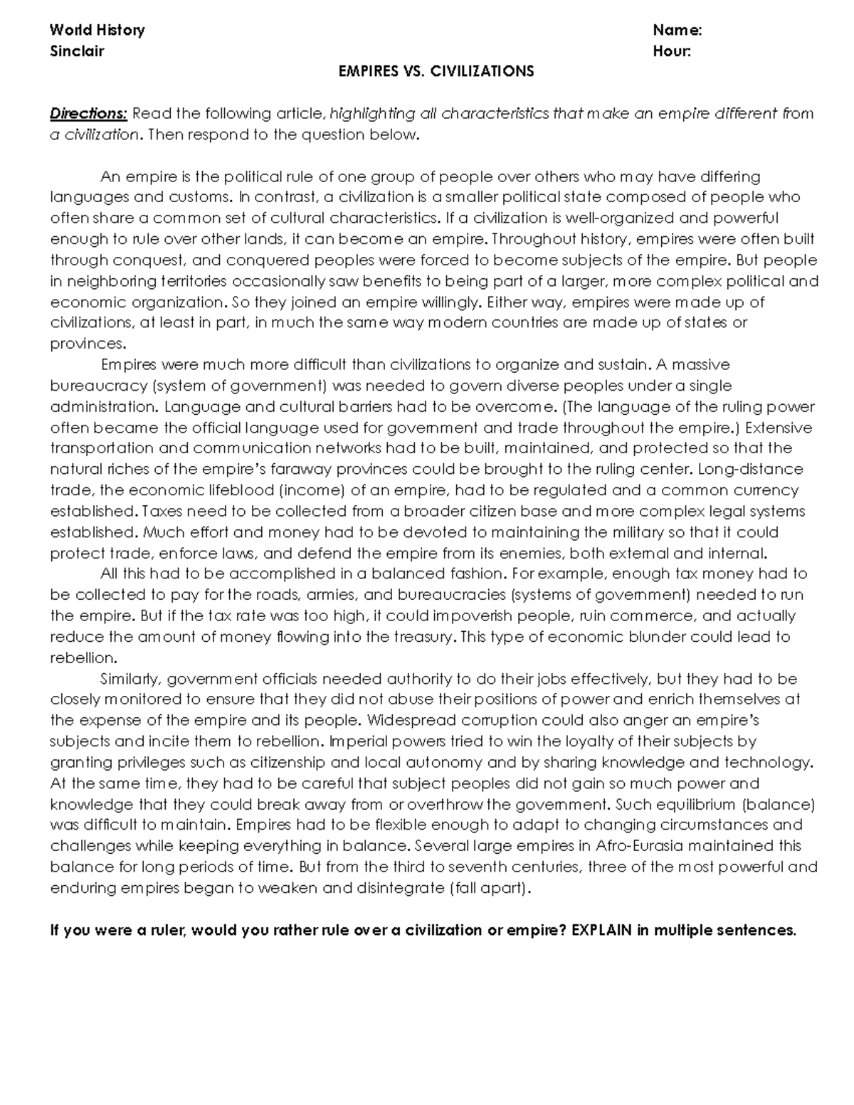 Empire vs. Civilization - World History Name: Sinclair Hour: EMPIRES VS ...