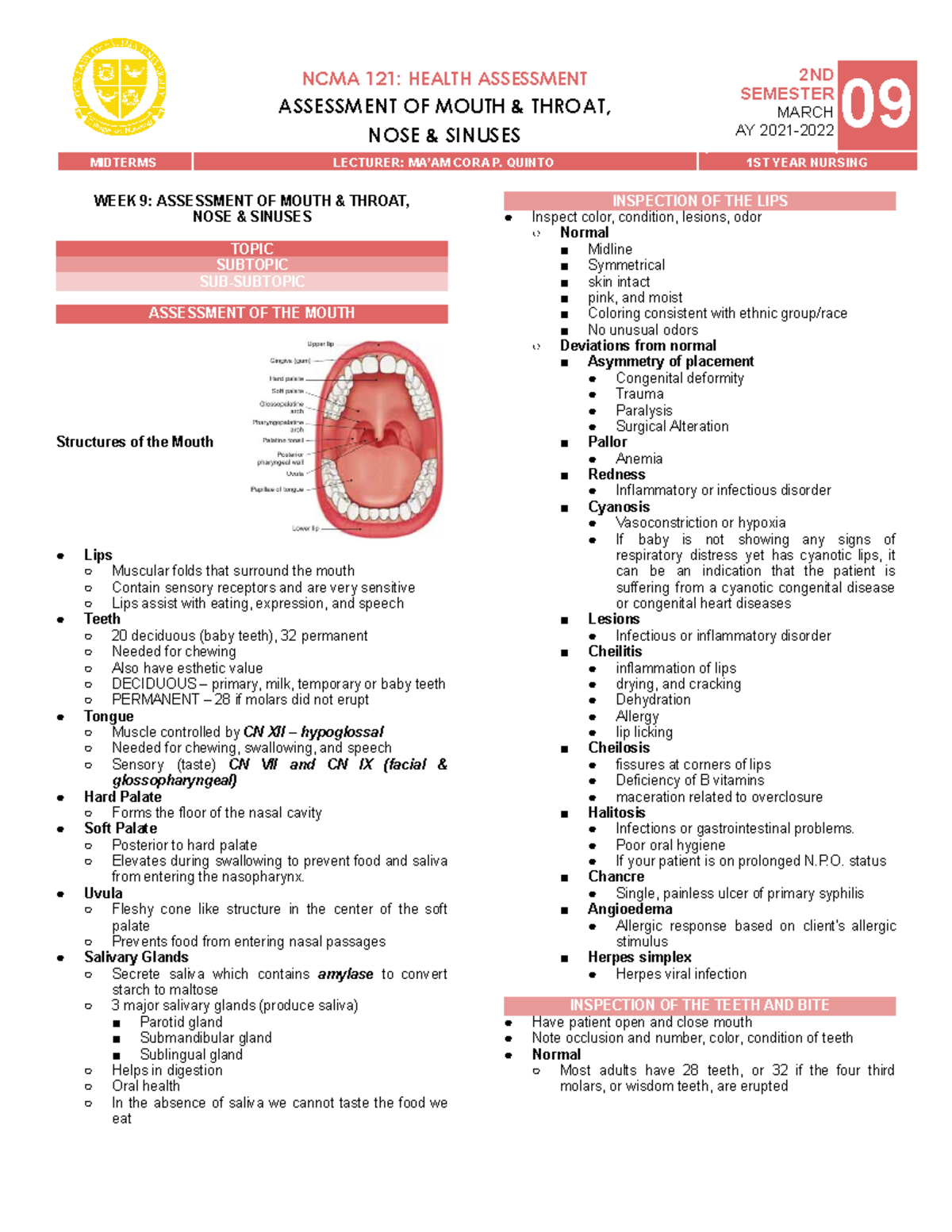 WEEK-9 - Assessment-OF- Mouth- Throat - NCMA 121: HEALTH ASSESSMENT ...