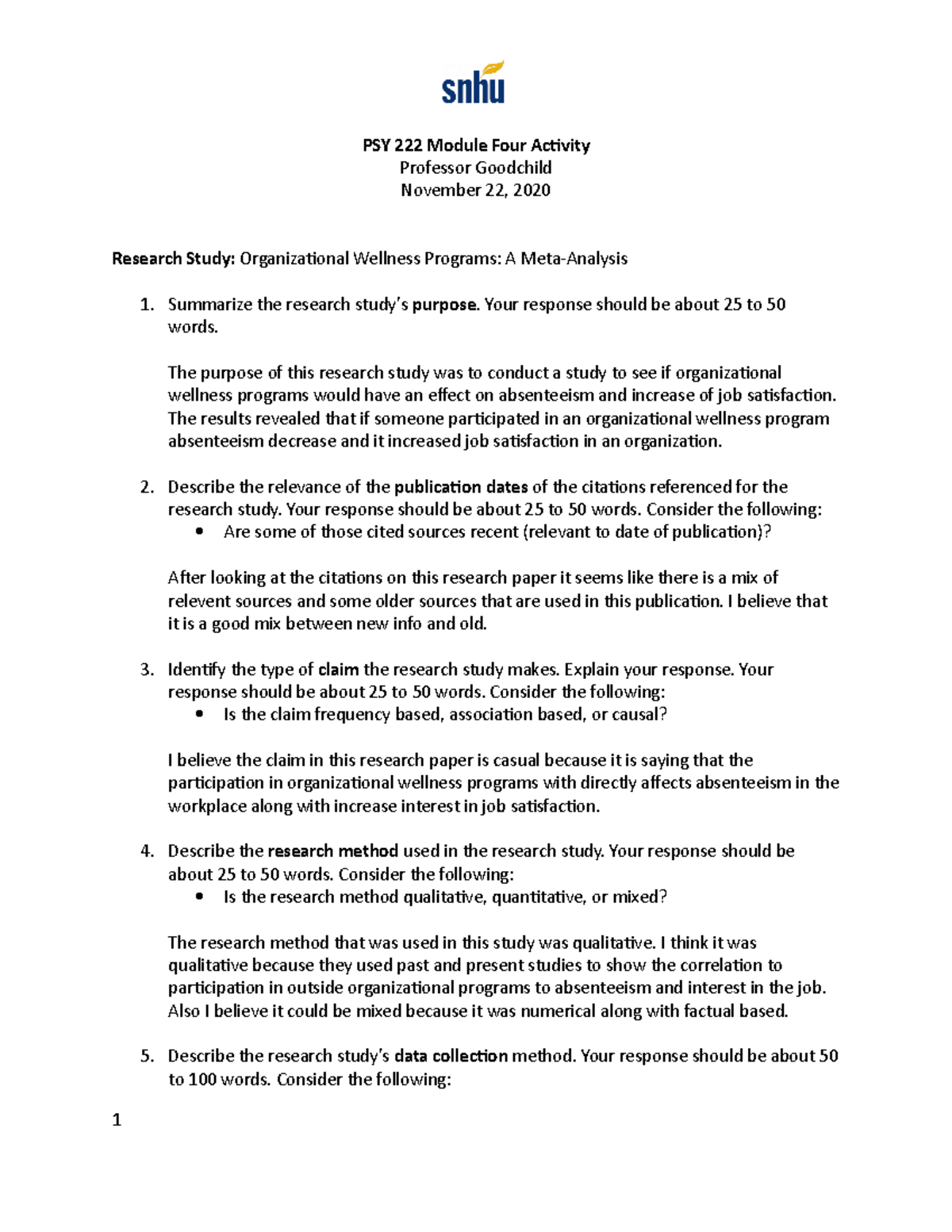 PSY222 Module Four Activity-2 - PSY 222 Module Four Acivity Professor ...